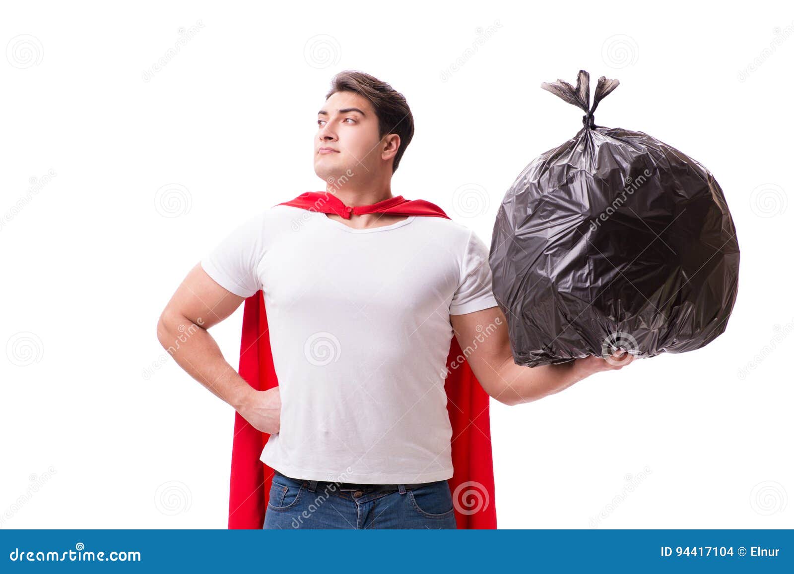 The Superhero Man with Garbage Sack Isolated on White Stock Photo ...