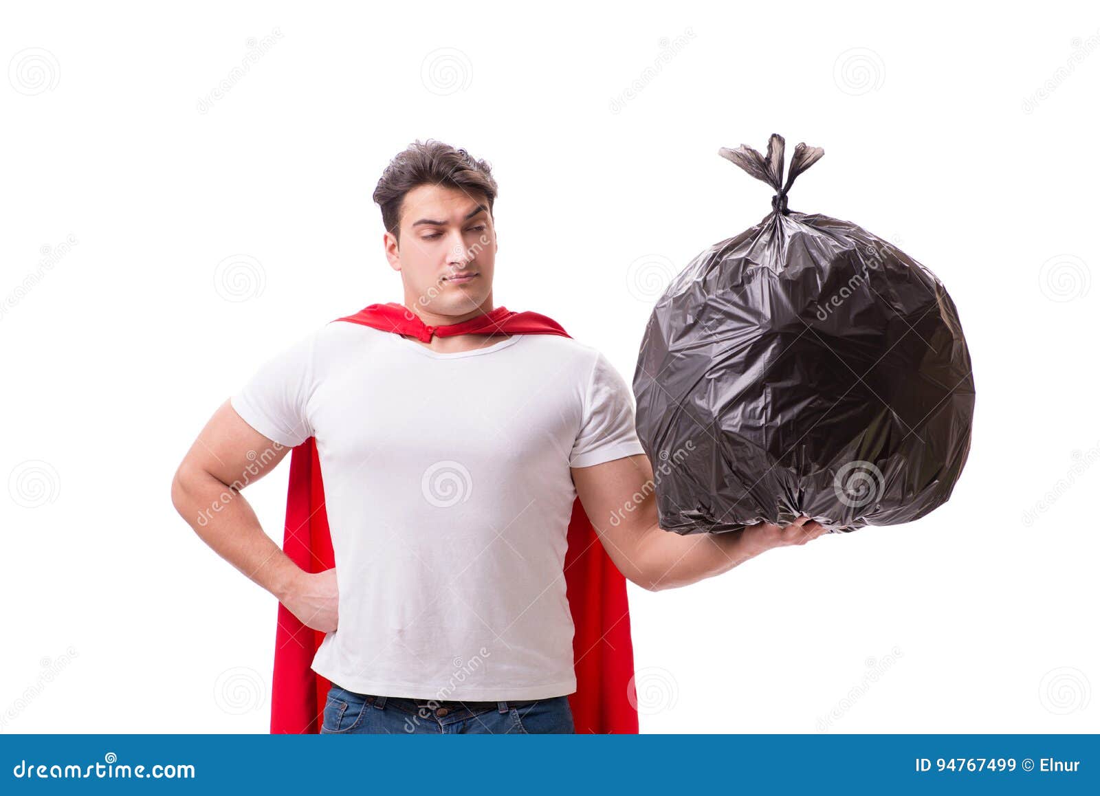 The Superhero Man with Garbage Sack Isolated on White Stock Image ...