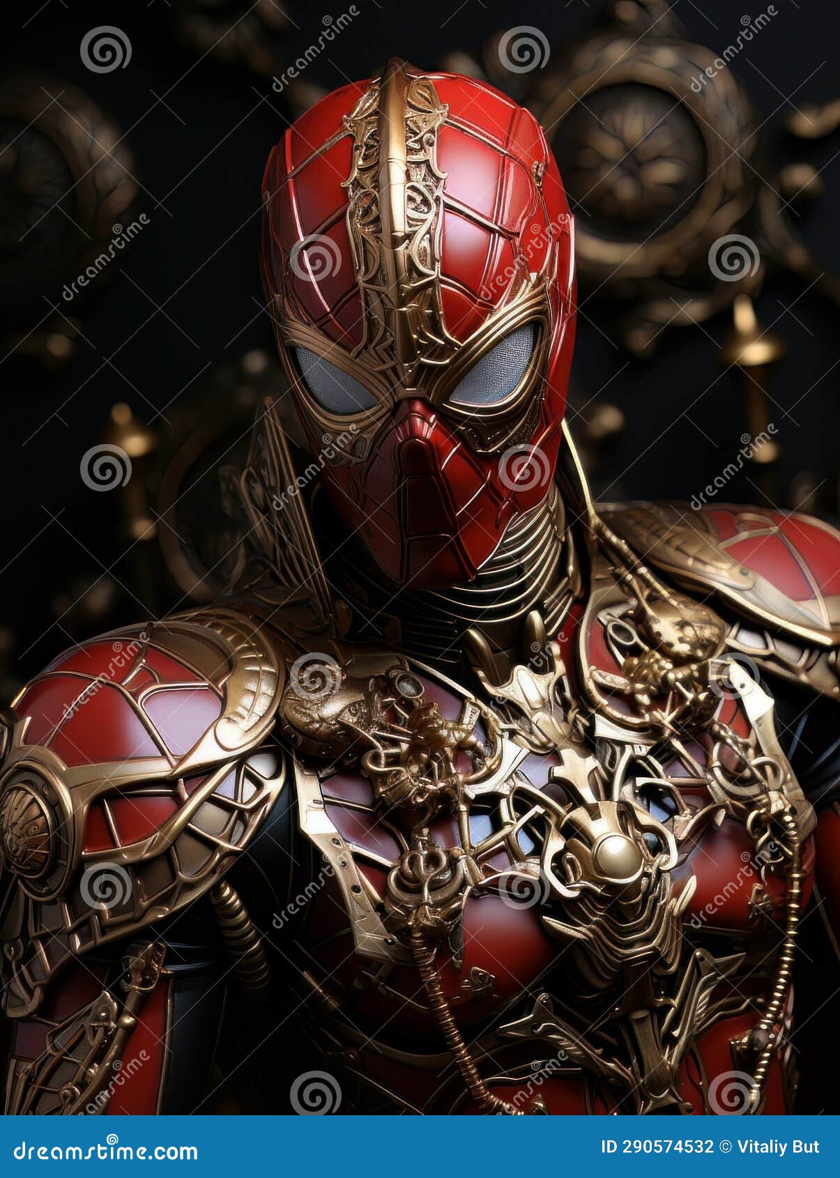 Superhero Man in Red Mask with Golden Patterns in the Form of Web. AI ...