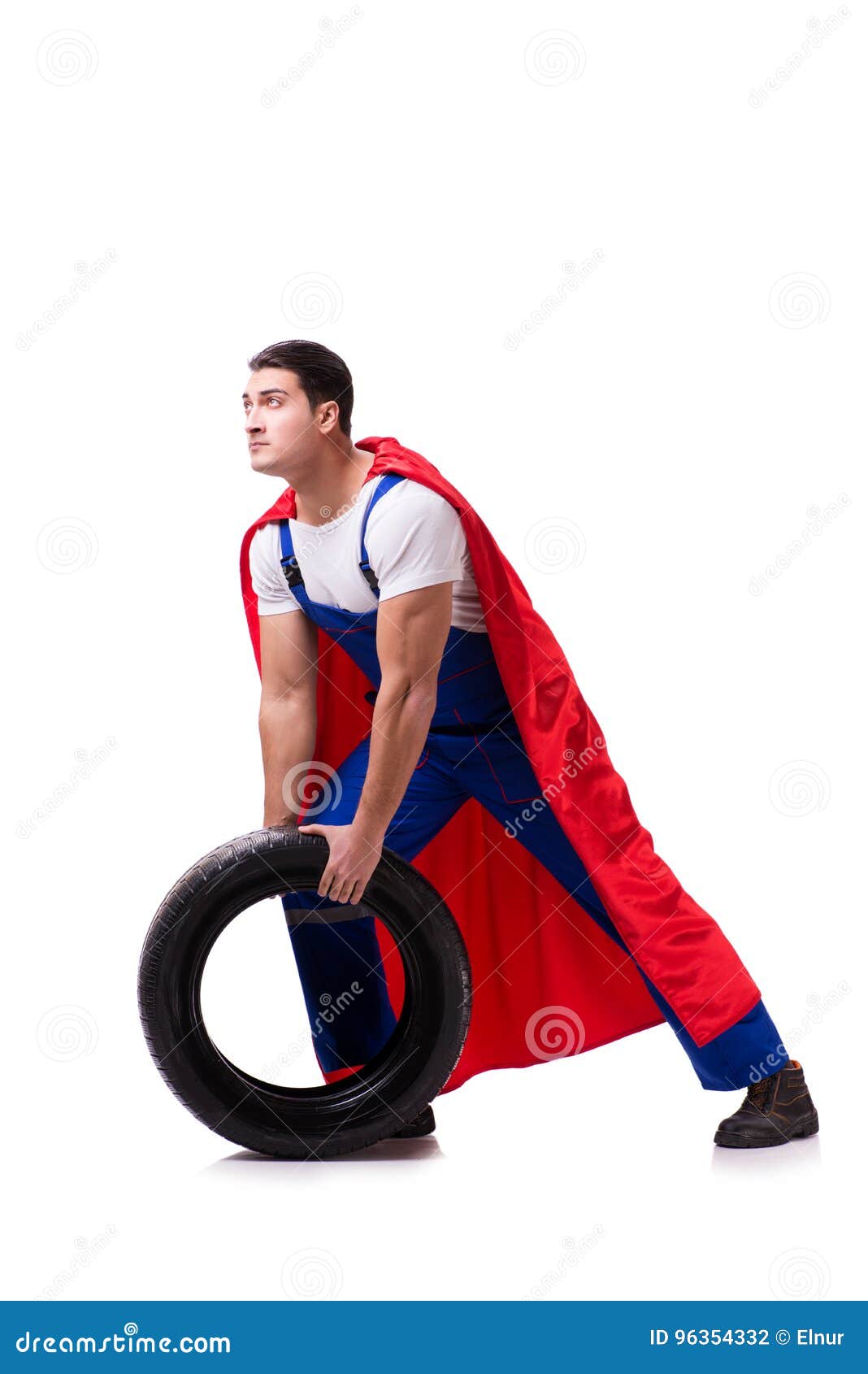 The Superhero Man with Tyre Isolated White Background Stock Photo ...