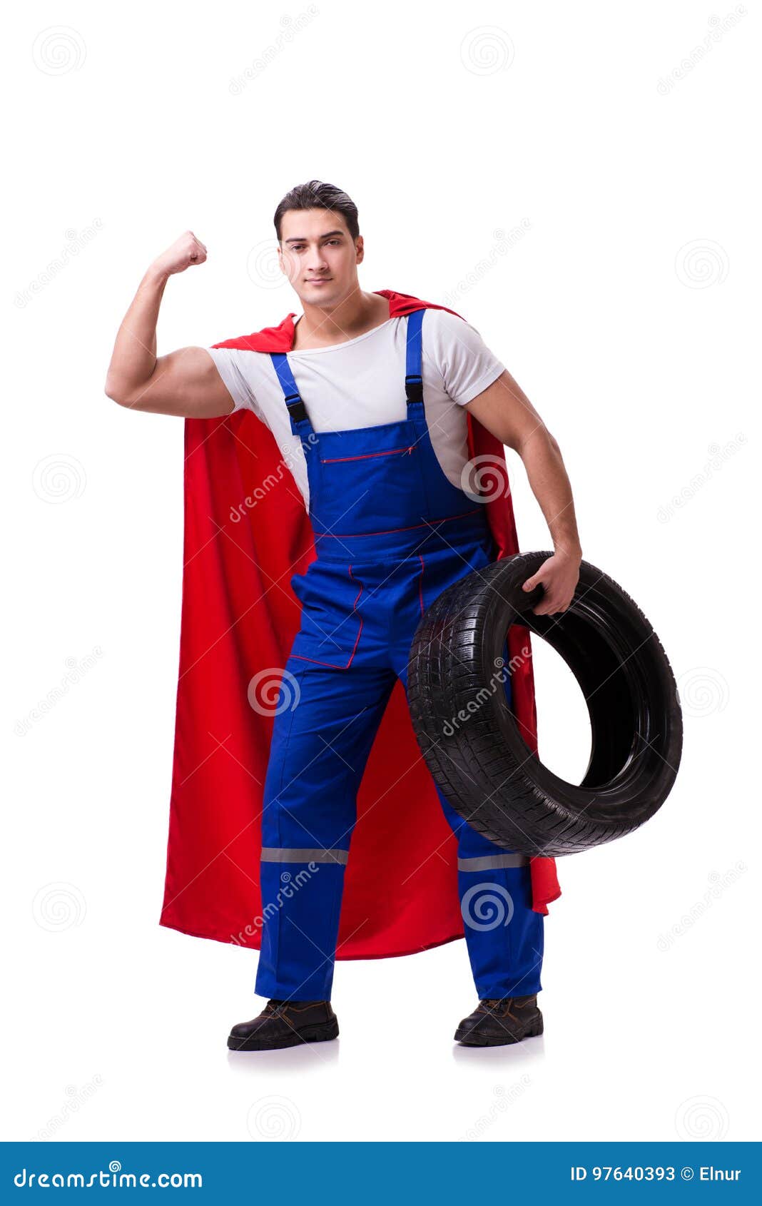 The Superhero Man with Tyre Isolated White Background Stock Image ...