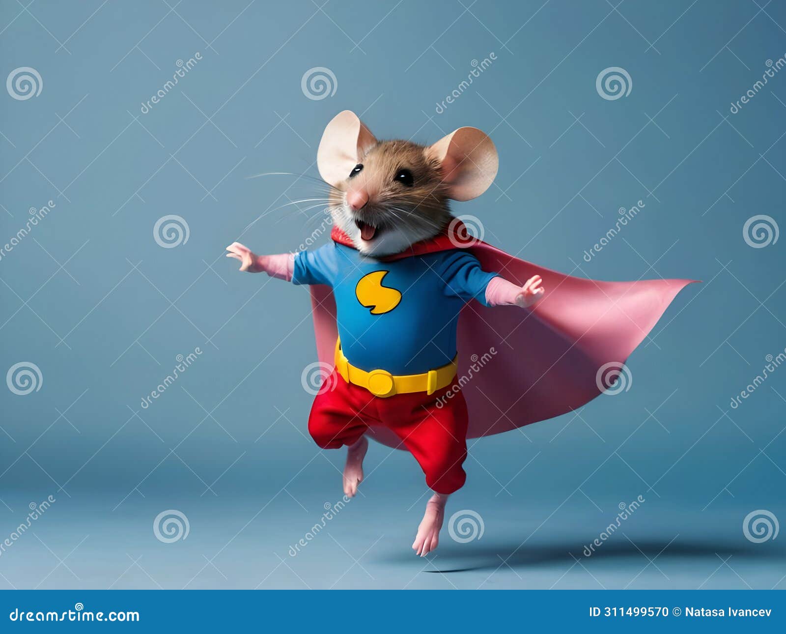 Superhero Mouse in Pink Cloak, Jumping and Flying on Light Blue ...