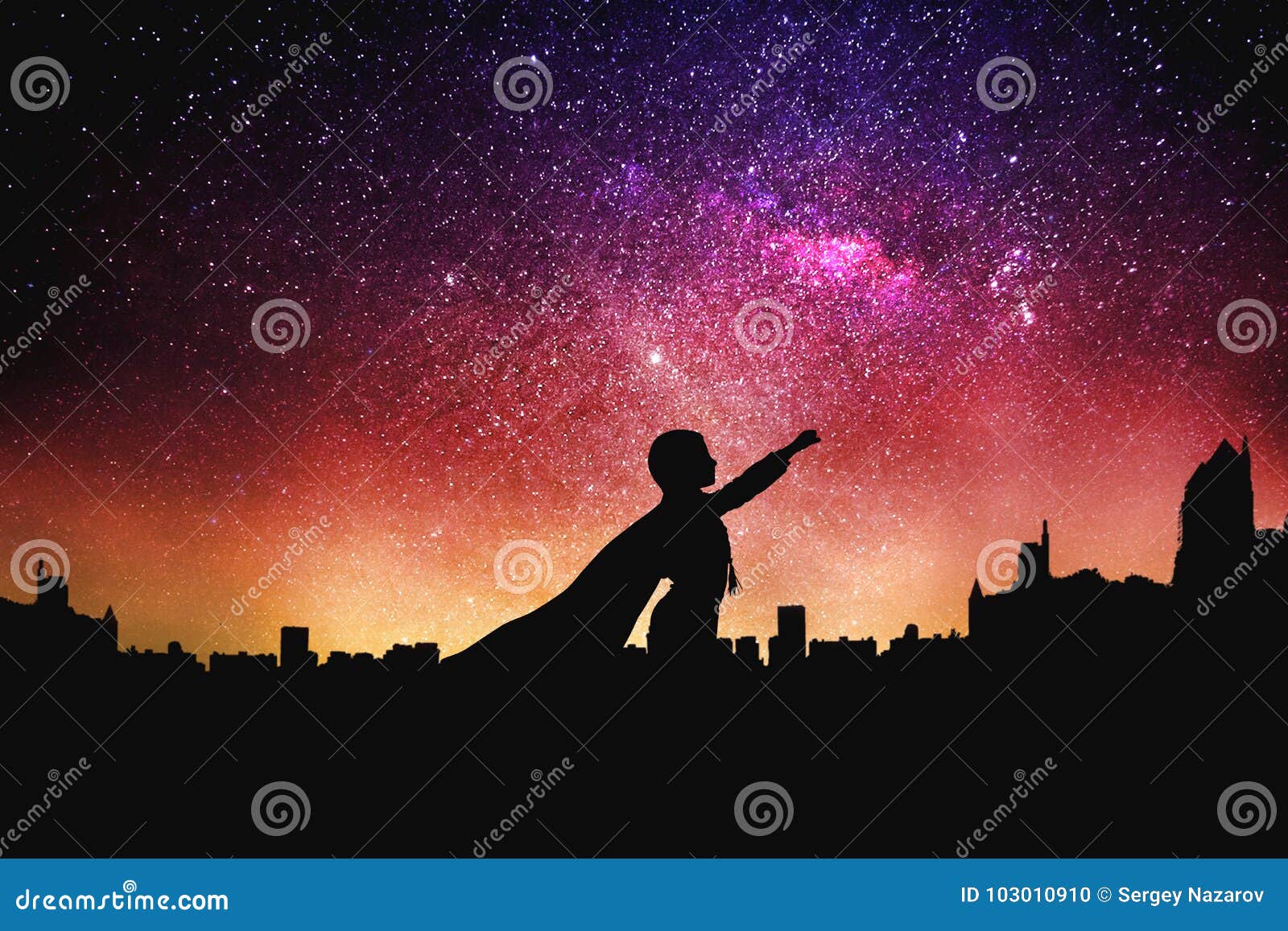 Superhero Silhouette Side View Flying Over City At Sunset Or Sunrise ...