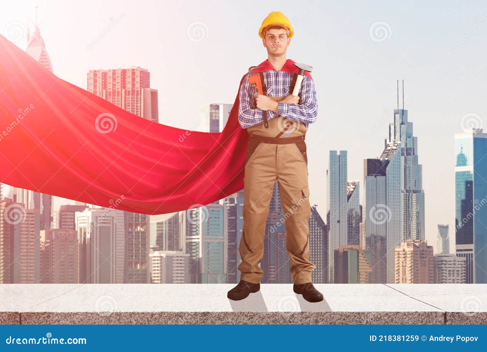 Superhero Repairman on Top of Building Stock Image - Image of outdoors ...