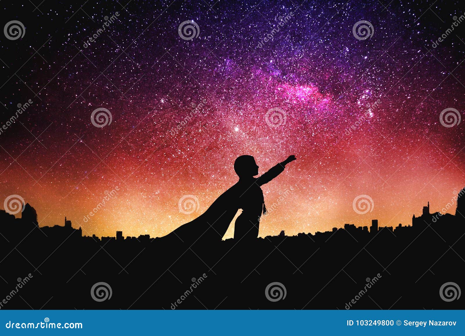 Superhero Silhouette at the Night Starry Sky Background Stock Photo ...
