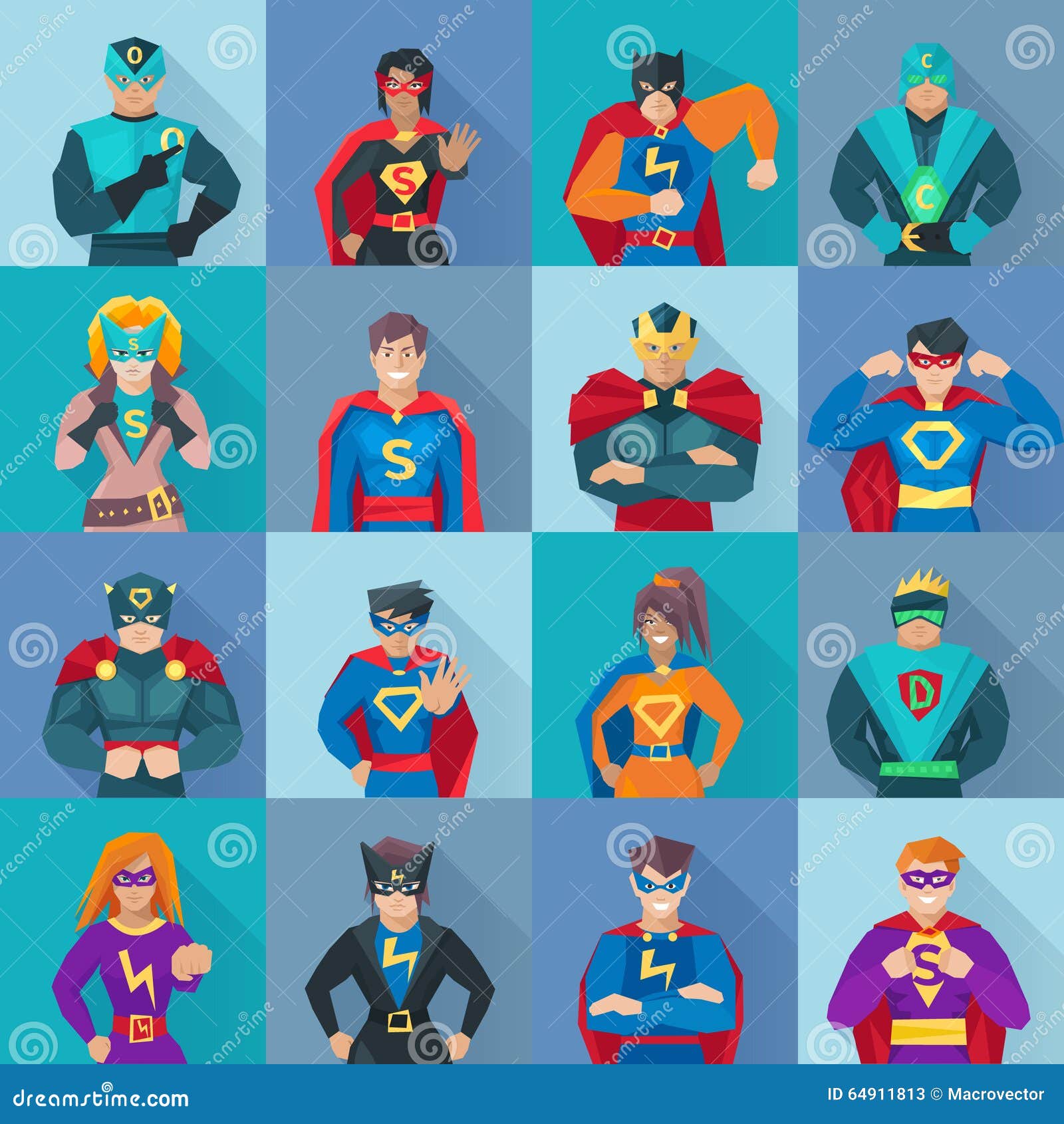 Superhero Square Icons Set stock vector. Illustration of fiction - 64911813