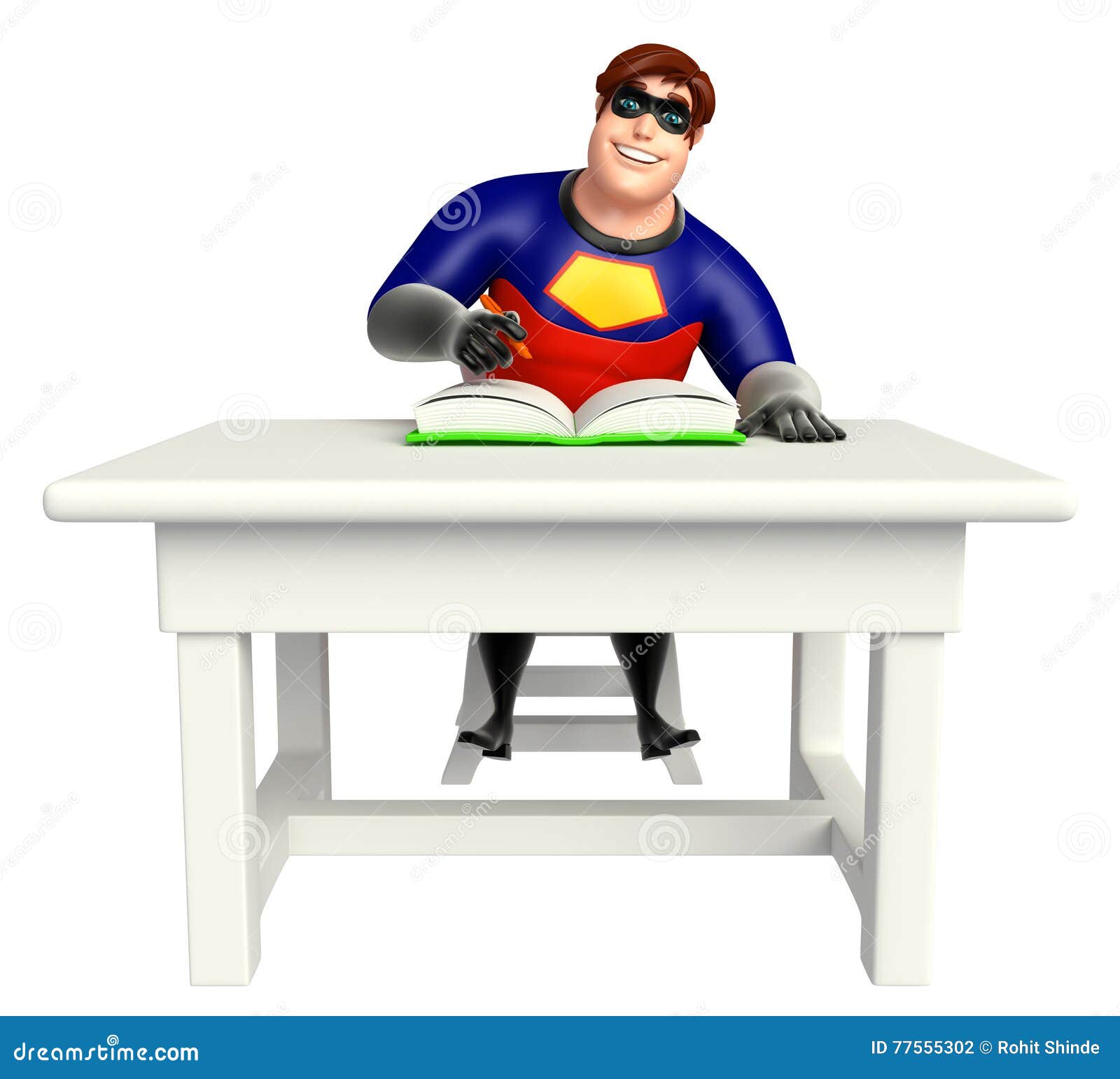 Superhero with Table Chair and Book Stock Illustration - Illustration ...