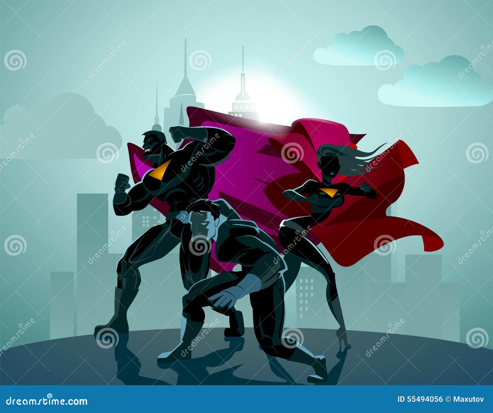 Superhero Team; Team Of Superheroes, Posing In Front Of A Light. Vector ...
