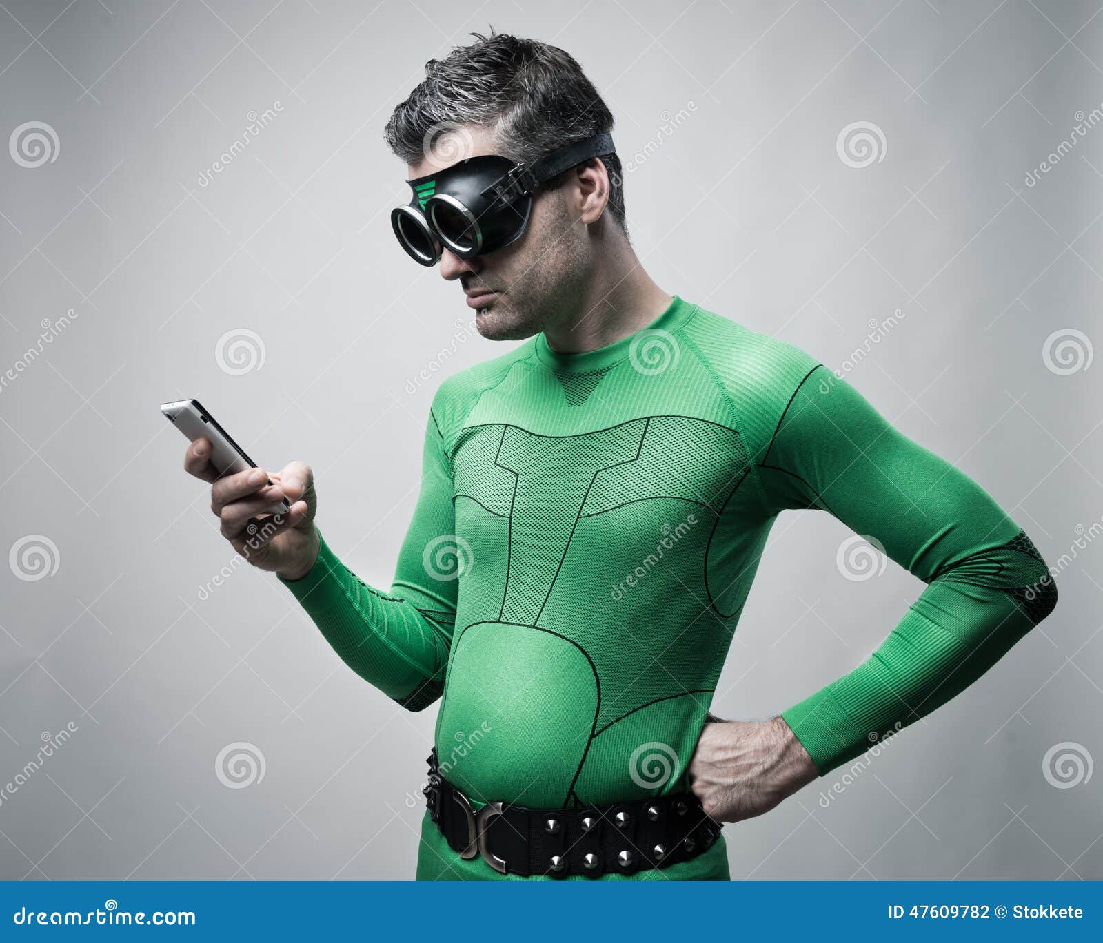 Superhero Using a Smartphone Stock Photo - Image of character, glasses ...