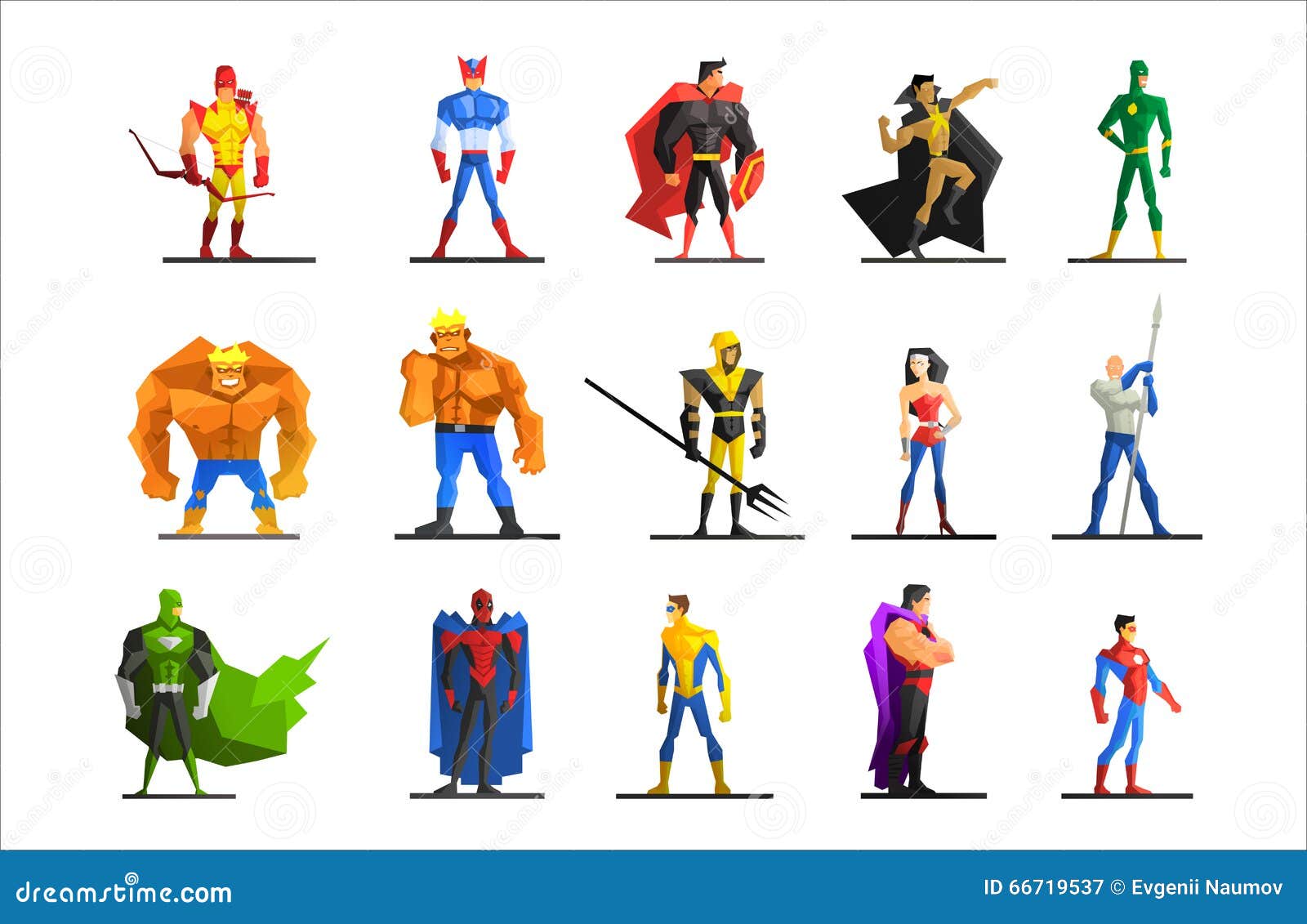 Superheroes In Different Poses And Costumes Vector Set Stock Vector ...
