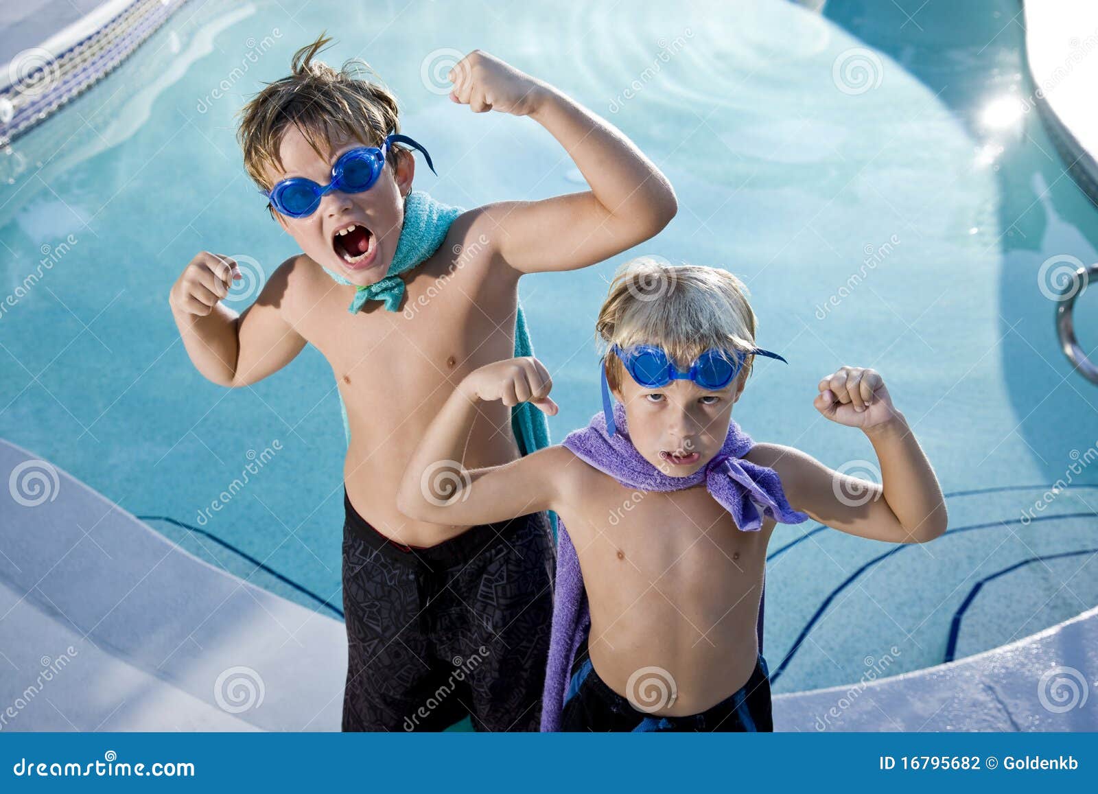 Superheroes Show Their Muscles by Swimming Pool Stock Photo - Image of ...