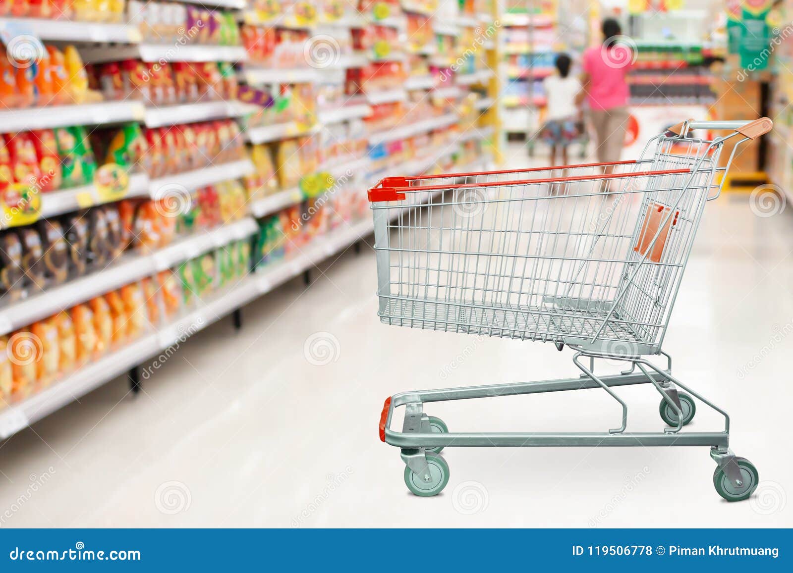 Supermarket Aisle with Empty Shopping Cart at Grocery Store Stock Photo ... Supermarket Aisle with Empty Shopping Cart at Grocery Store Stock Photo ...