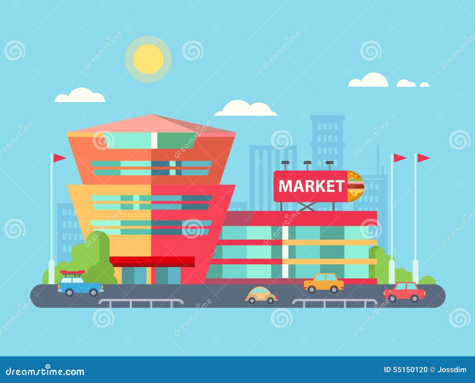 Supermarket Building Facade Vector Illustration Of Cartoon Trade Center ...