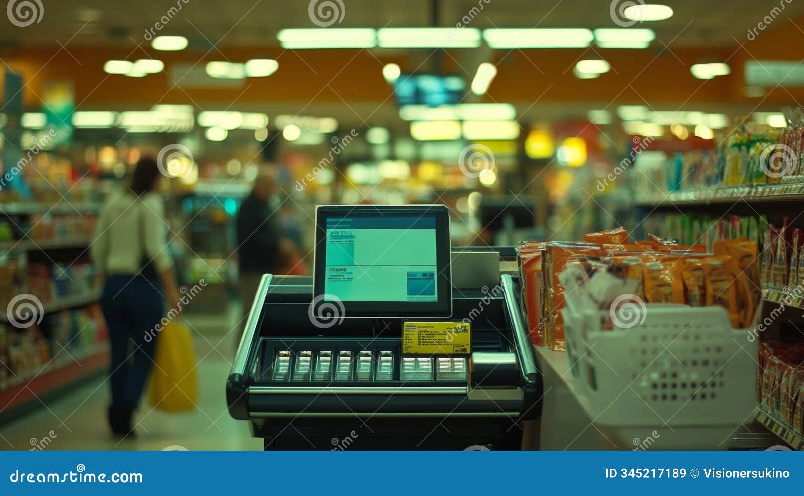 Supermarket Checkout Counter with a Customer and Shelves of Snacks ...