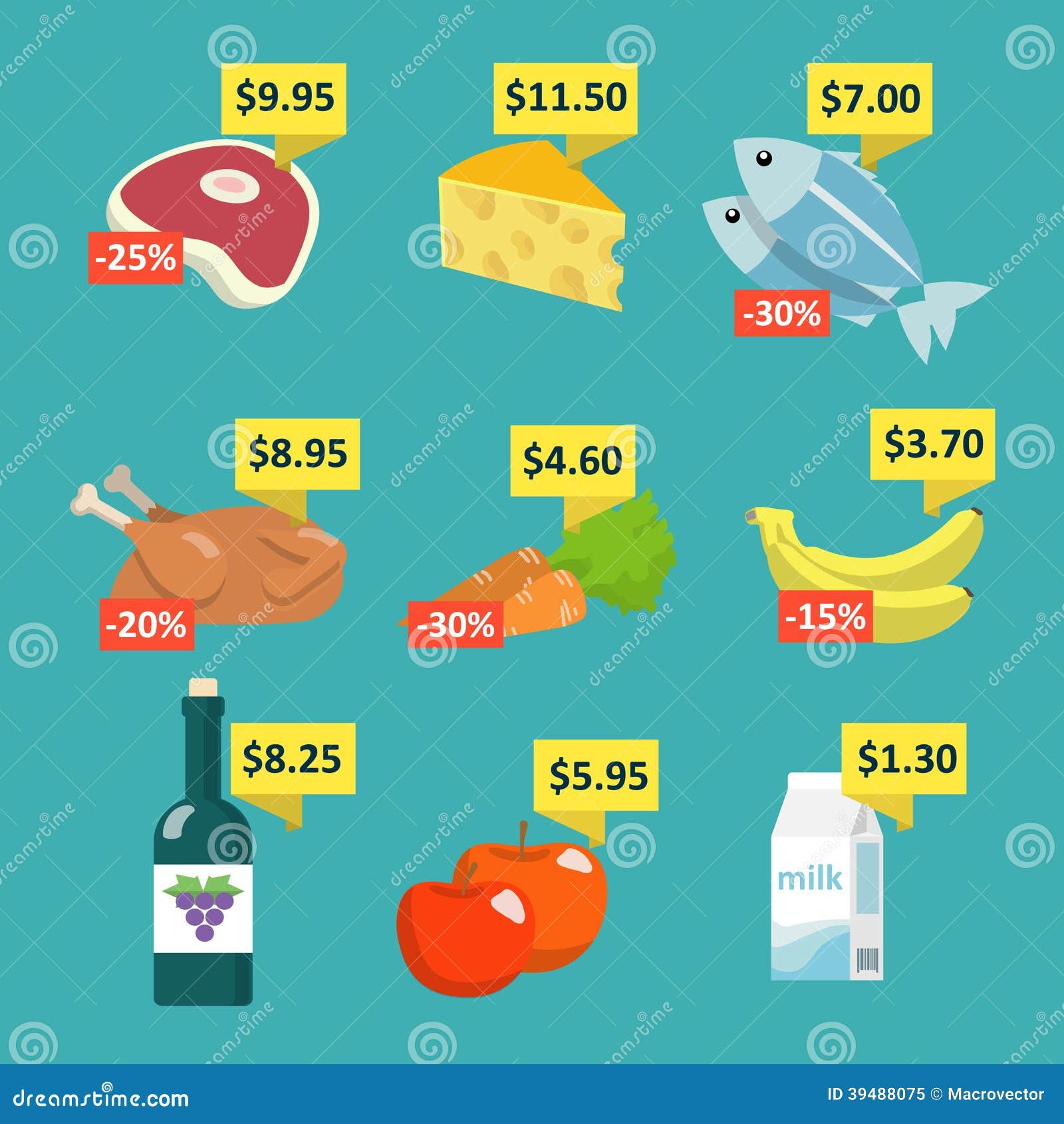 Supermarket Food Products With Price Labels Vector Illustration ... Supermarket Food Products With Price Labels Vector Illustration ...