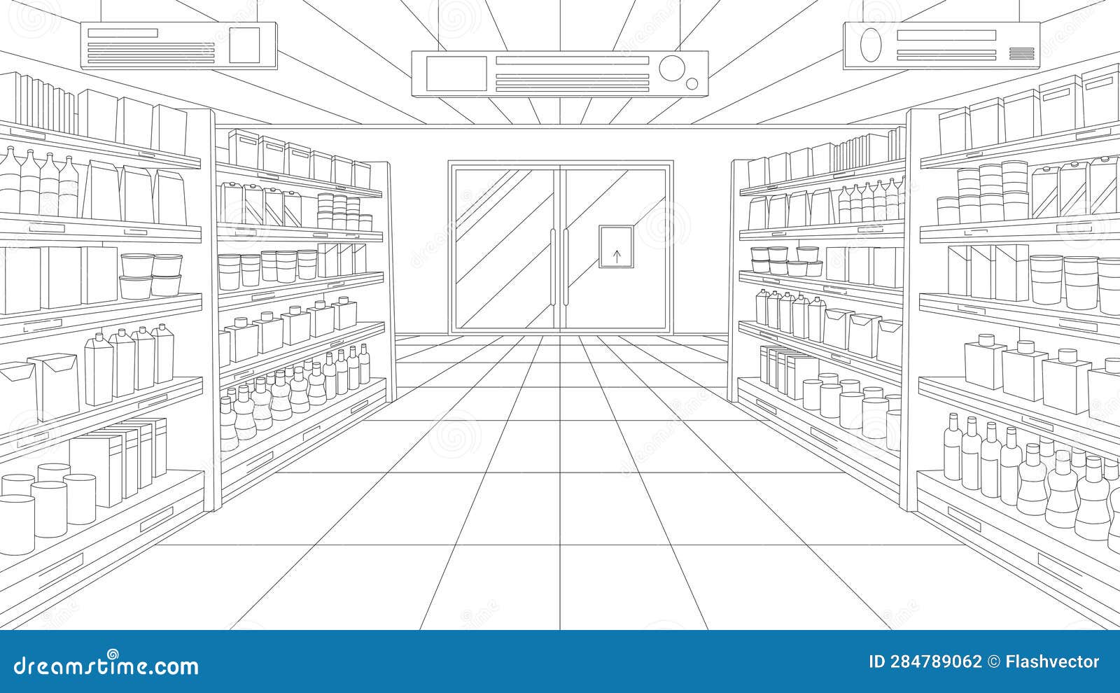 Supermarket or Grocery Store Aisle, Perspective Interior Sketch, Black ... Supermarket or Grocery Store Aisle, Perspective Interior Sketch, Black ...