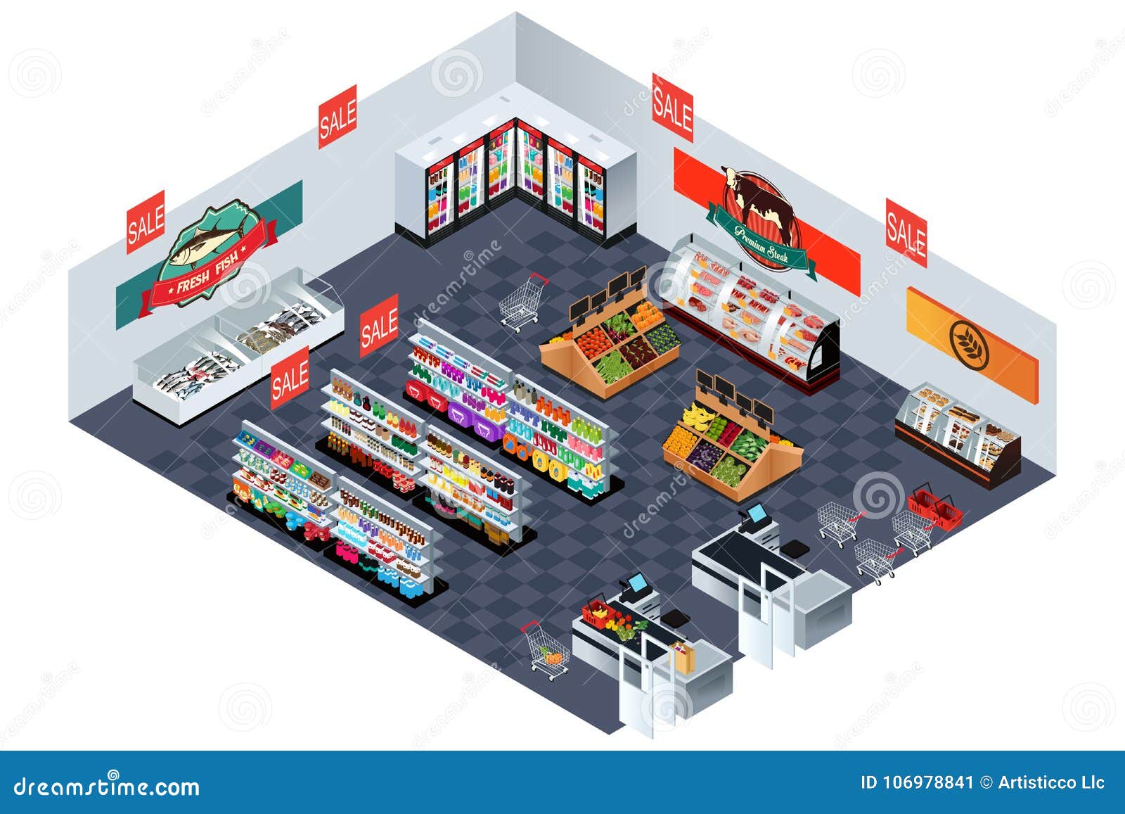 Supermarket Grocery Store in Isometric Illustration Stock Vector ...