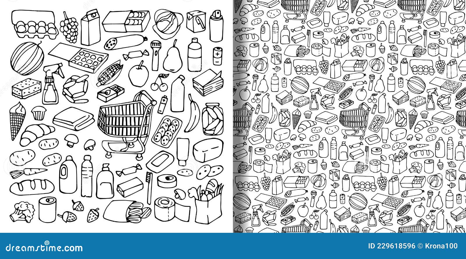 Supermarket Hand Drawn Objects Set and Seamless Pattern Stock Vector ...