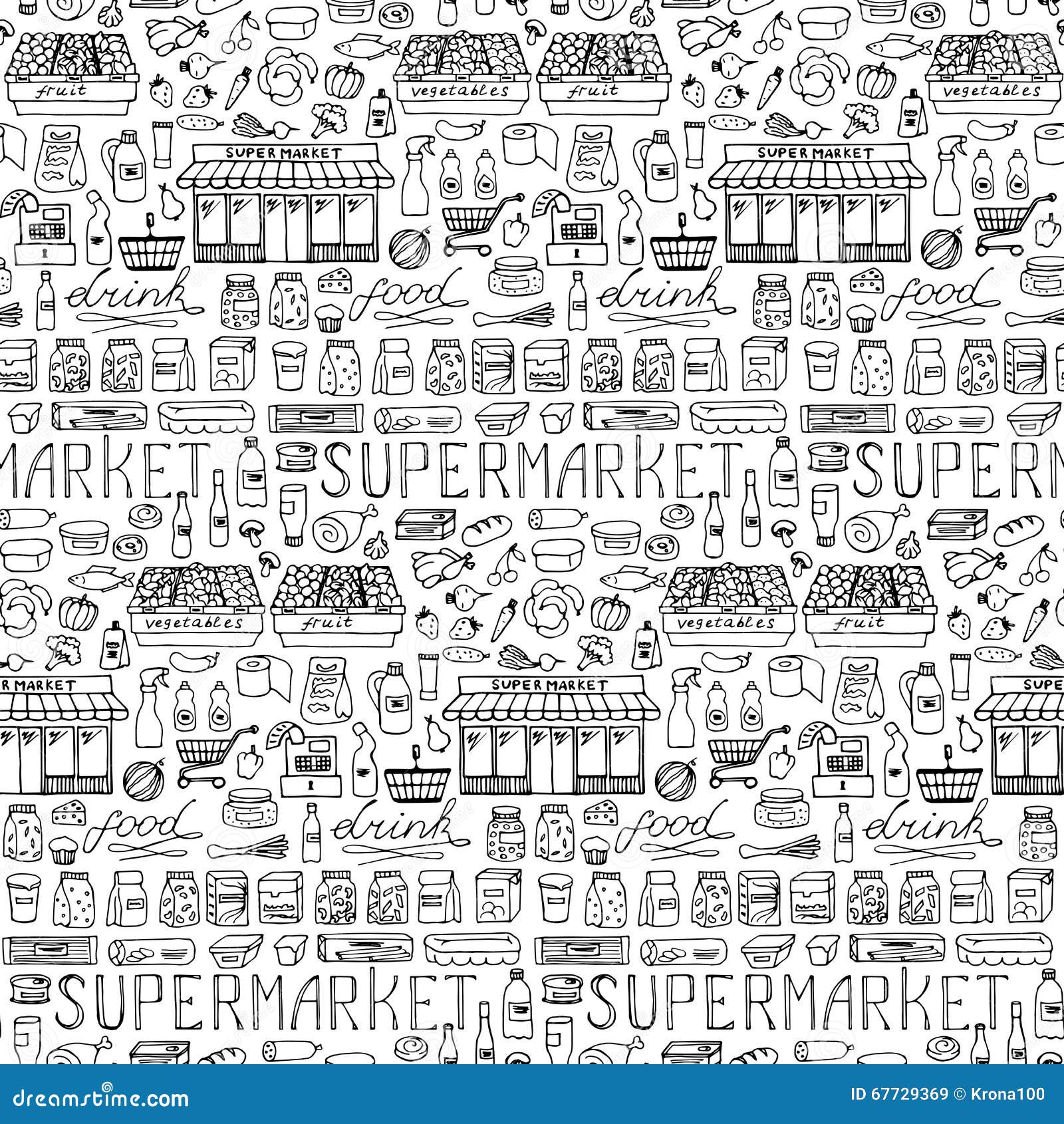 Supermarket Hand Drawn Seamless Pattern Stock Vector - Illustration of ...