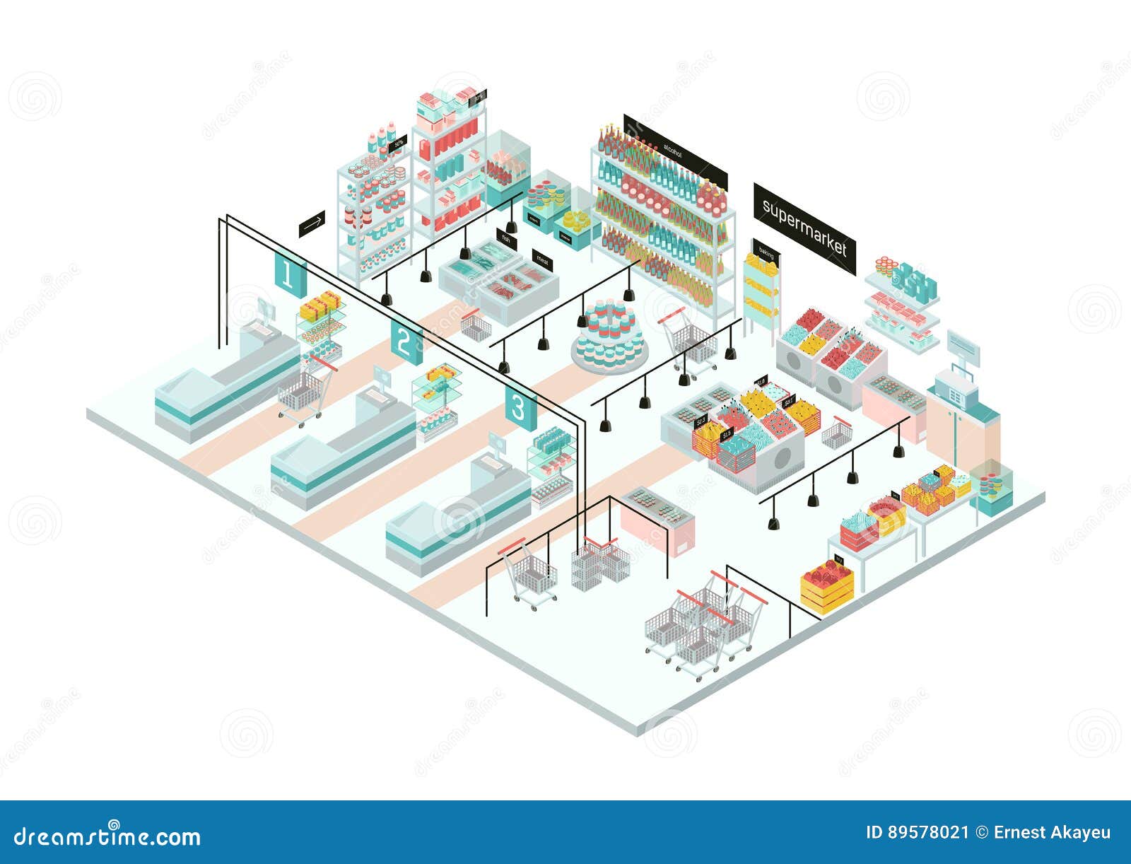 Supermarket Interior. Grocery Store. Colorful Isometric Illustration ... Supermarket Interior. Grocery Store. Colorful Isometric Illustration ...