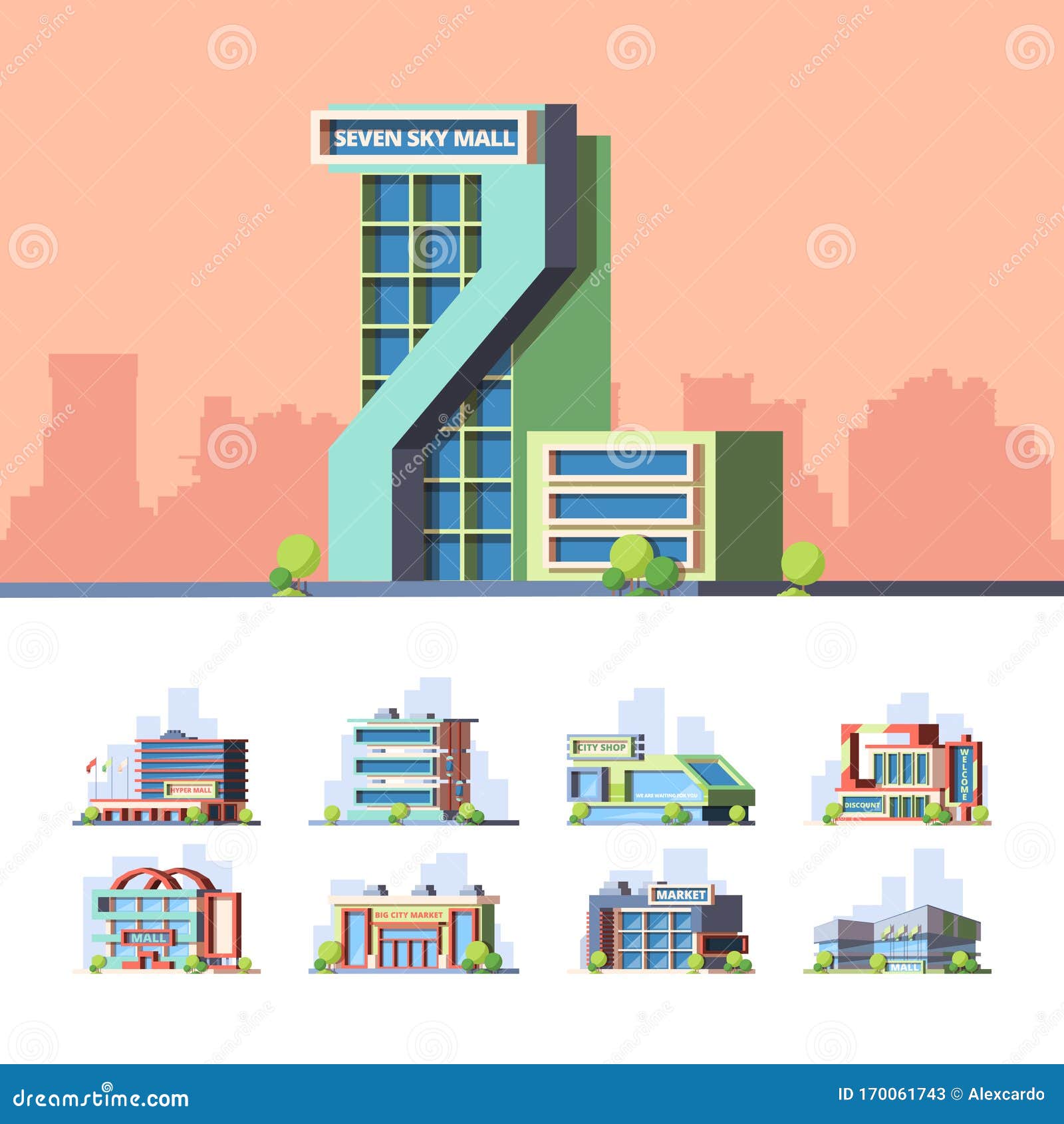 Supermarkets and Hypermarkets Flat Vector Illustrations Set Stock ...