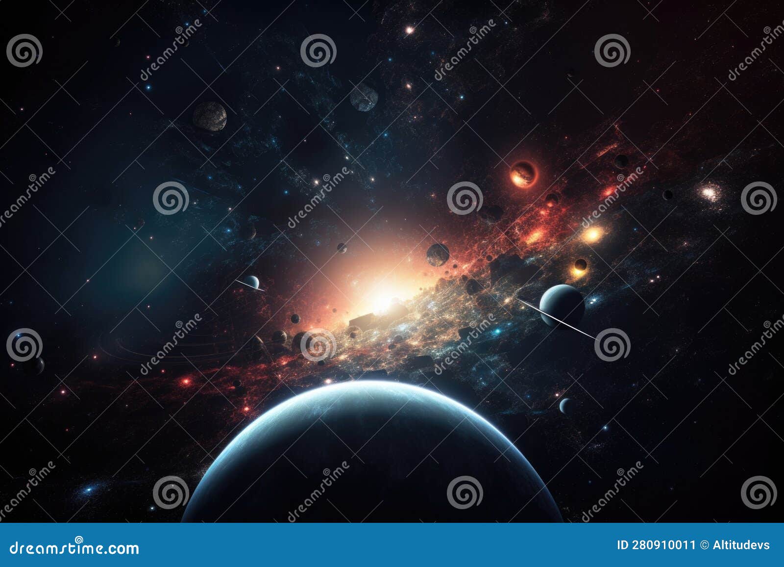 Supernova in a Galaxy of Stars, with Planets and Moons Visible in the ...