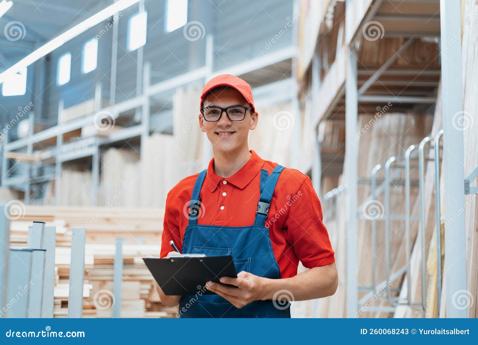 Supervisor with a Clipboard Stands in a Warehouse with a Laminated ...