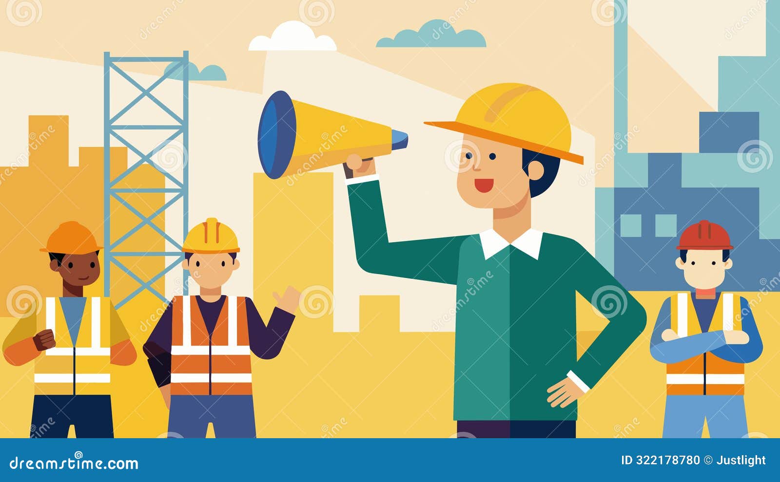 A Supervisor Holds Up a Megaphone Shouting Instructions To Workers on ...