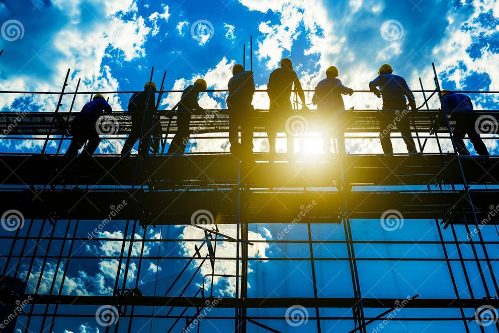 Supervisor Overseeing Construction Crew Working on Tall Building ...