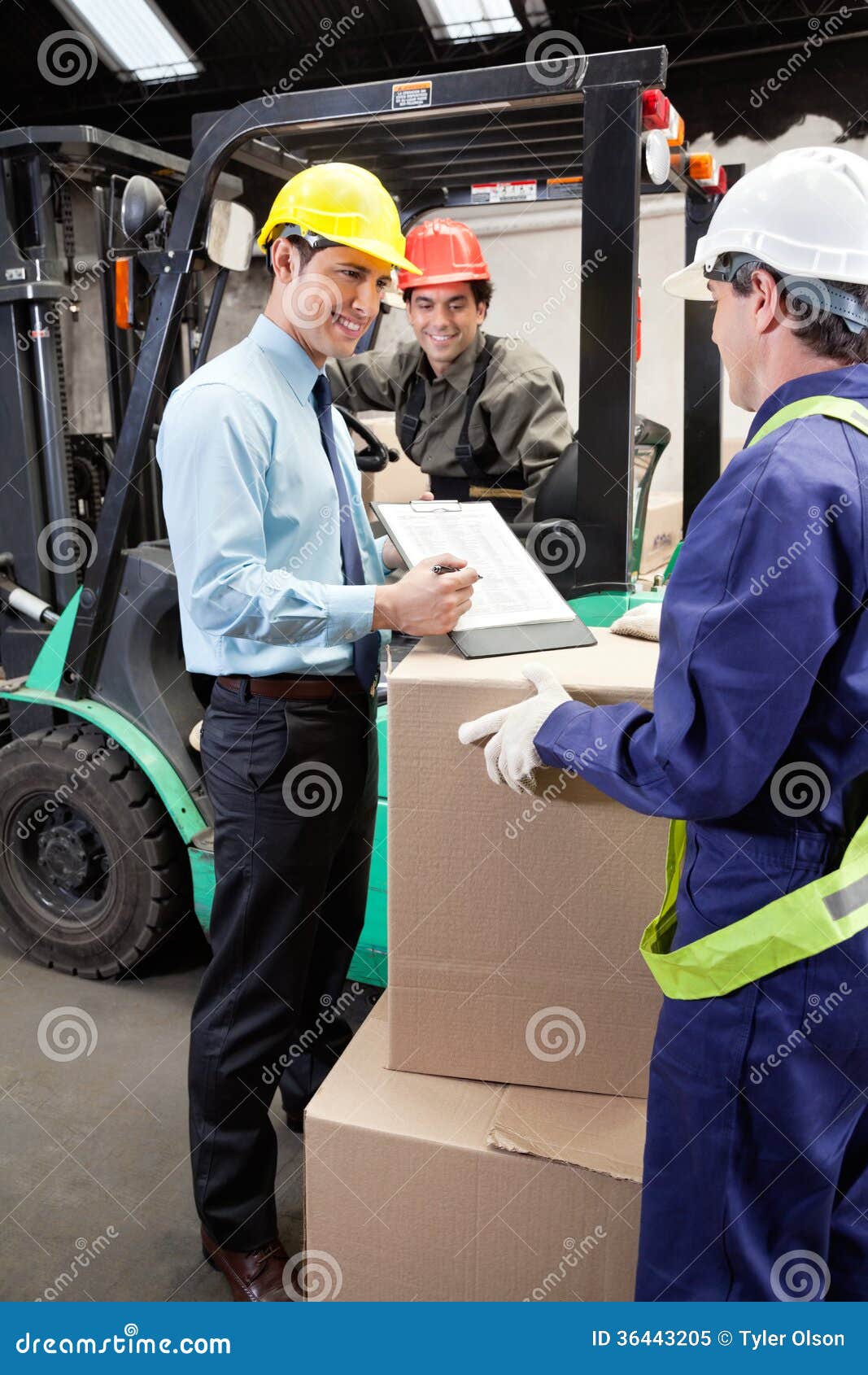 Supervisor Showing Clipboard To Foreman Stock Image - Image of forklift ...