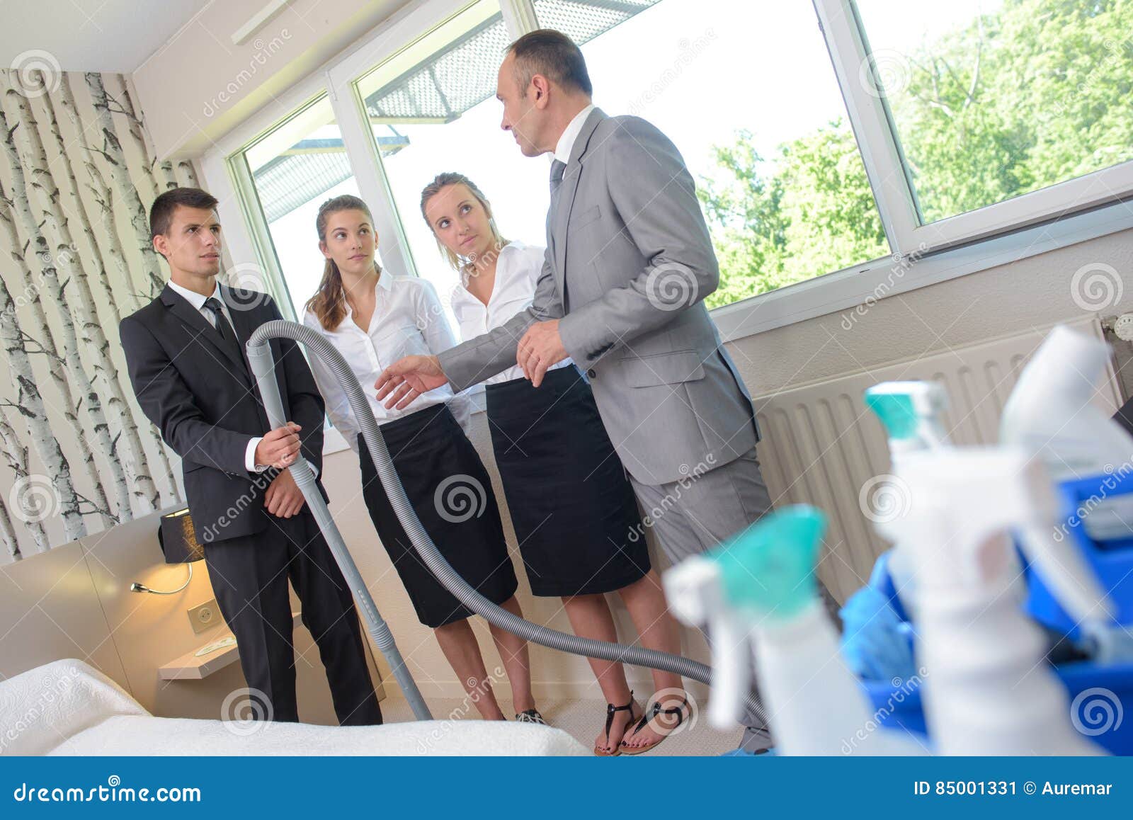 Supervisor with Team Cleaners in Hotel Room Stock Image - Image of ...