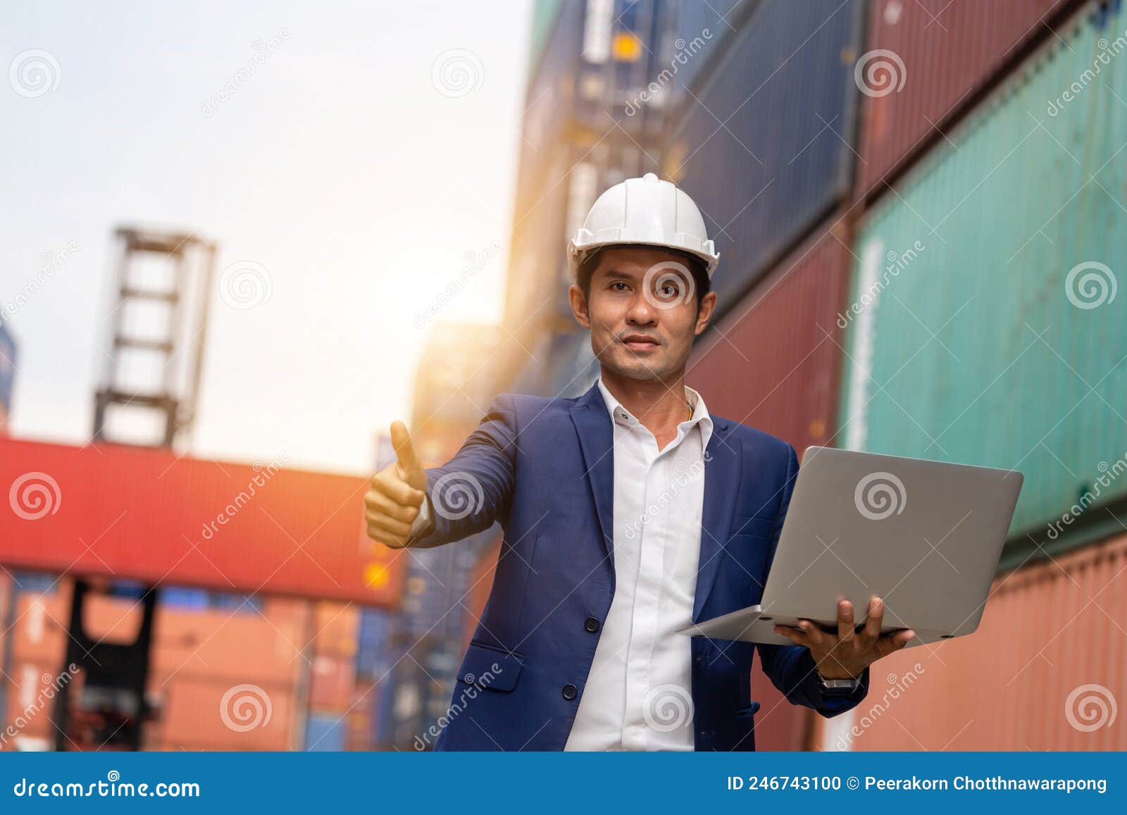 Supervisor Working in the Container Yard, Engineer Man with Laptop and ...