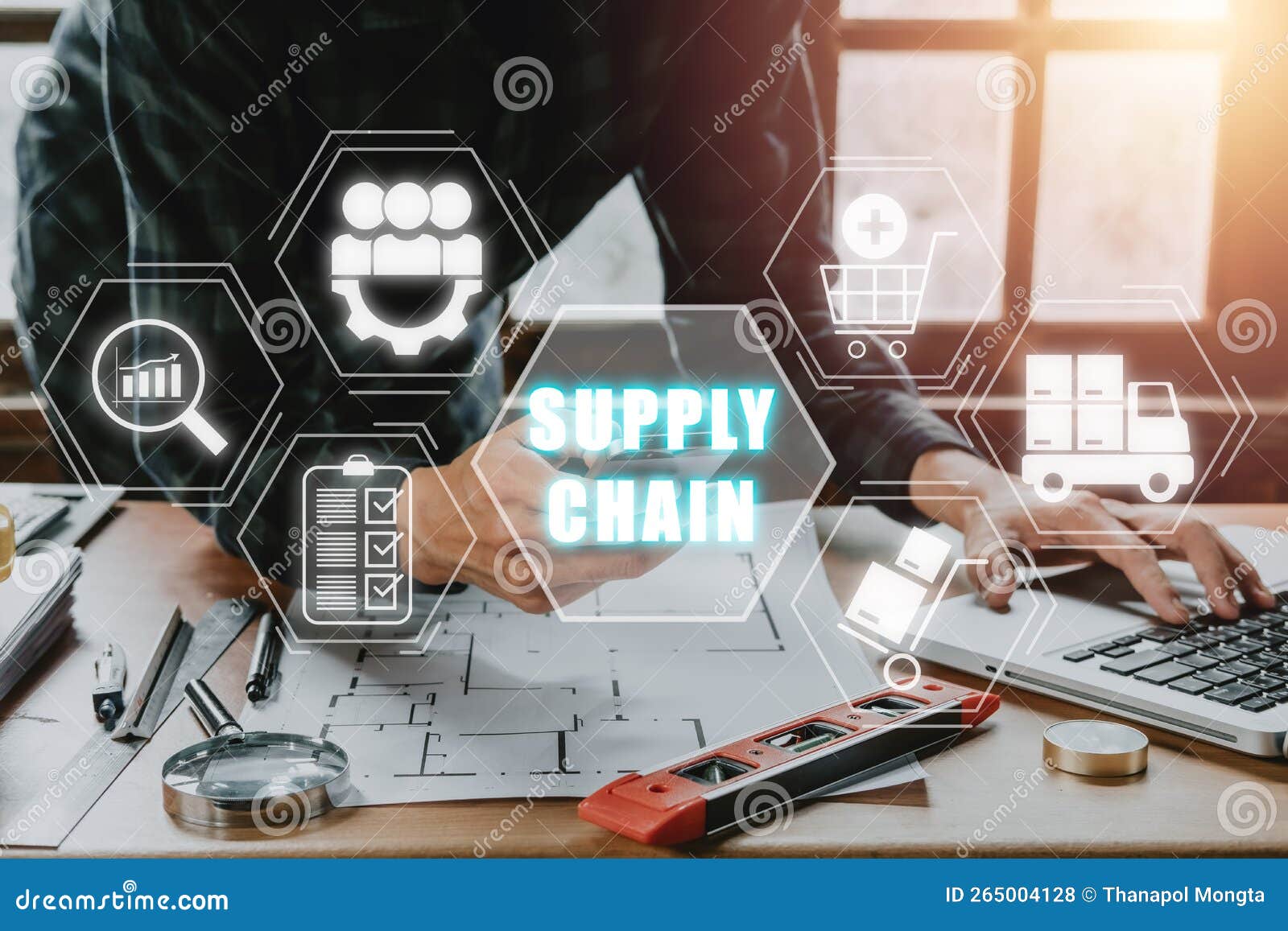 Engineer Man Working on Laptop Computer and Smart Phone with Supply ...