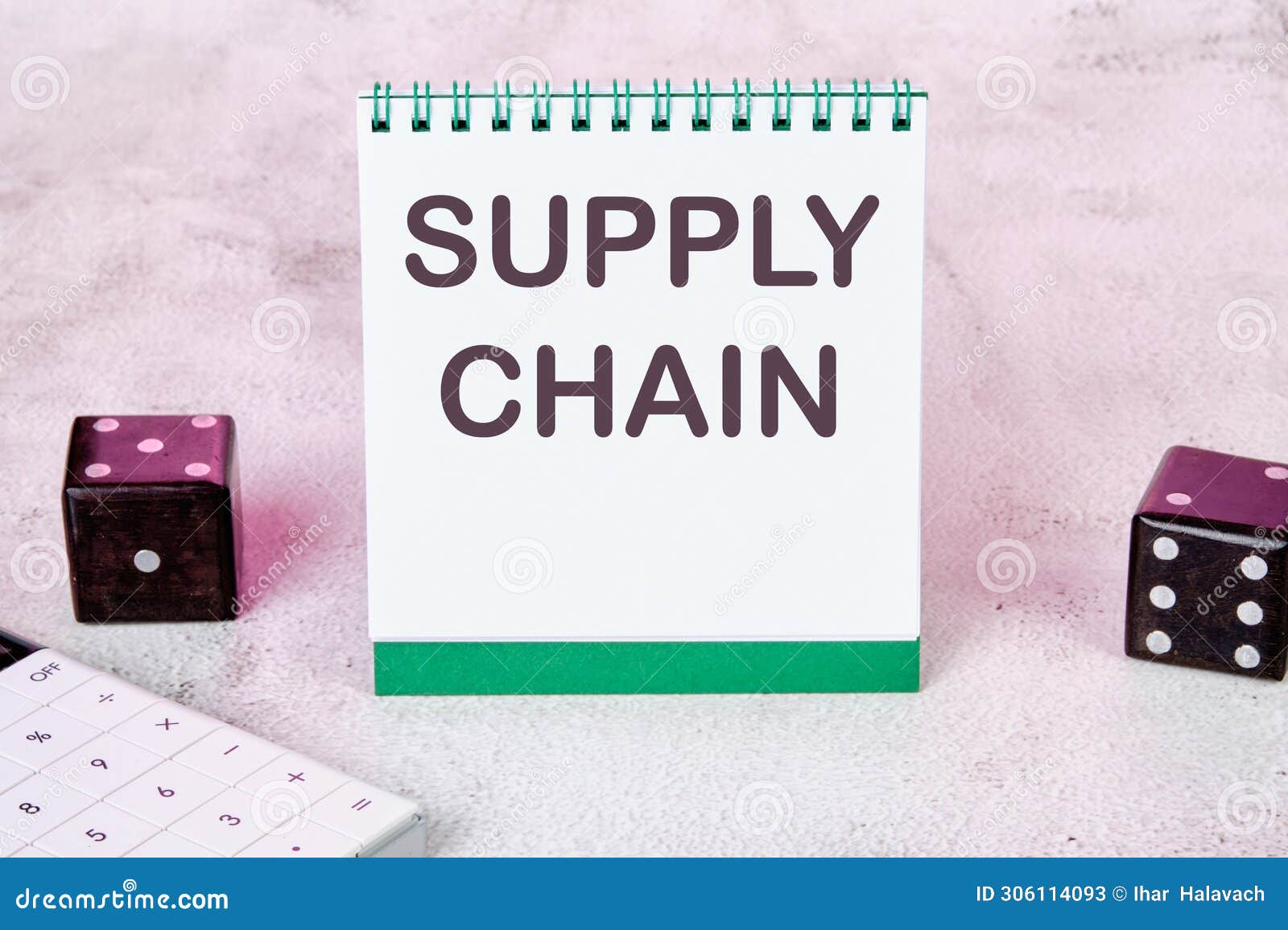 SUPPLY CHAIN Text on a White Notepad Sheet Next To Dice on an Abstract ...