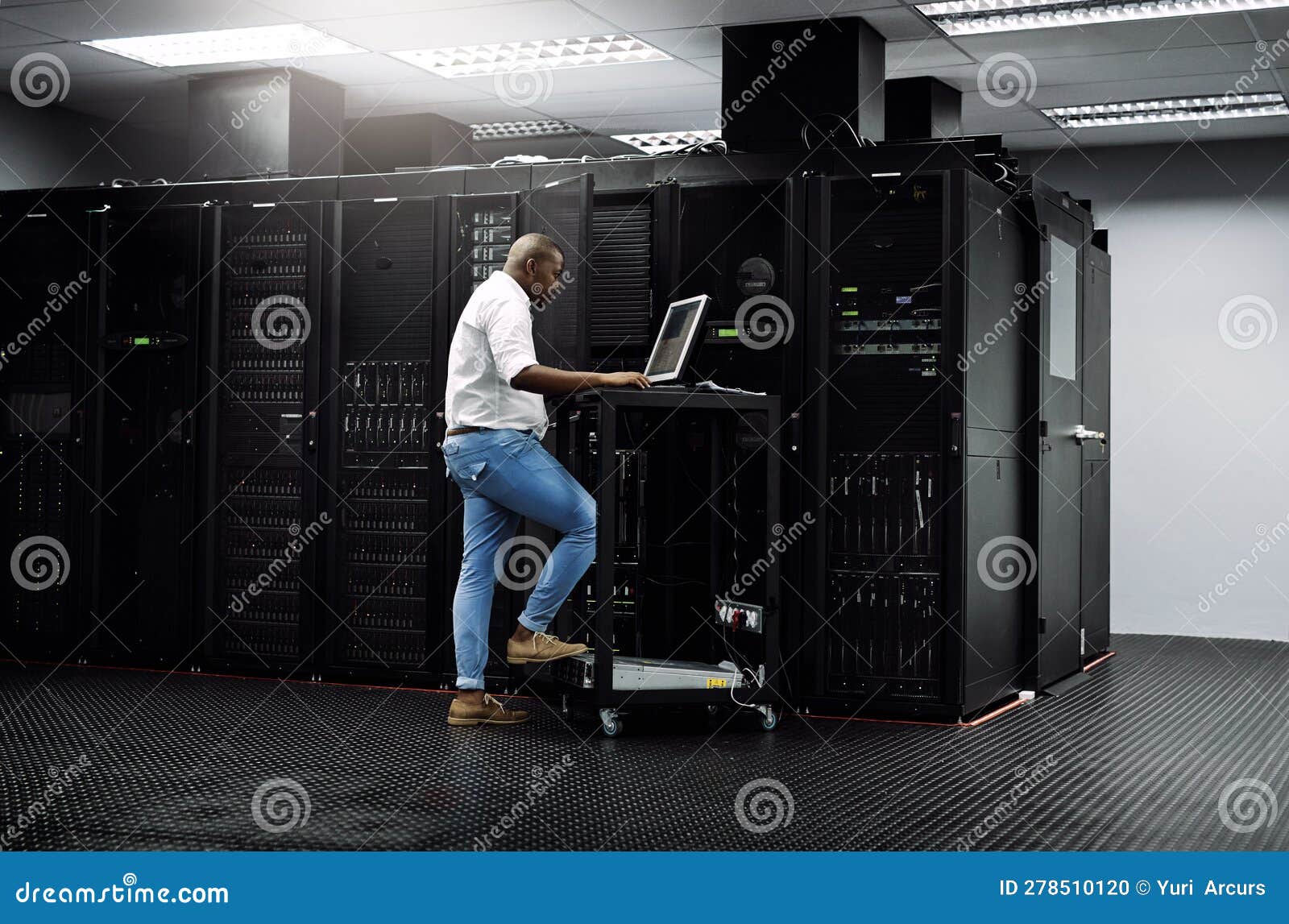 It Support, Black Man or Coding on Computer in Server Room for Big Data ...