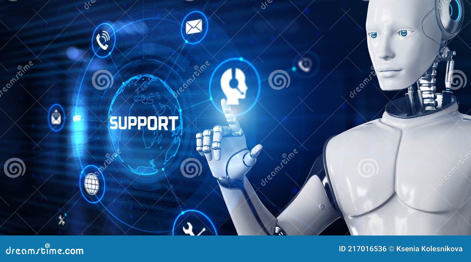 Support Customer Service Automation. Robot Pressing Button on Screen 3d ...