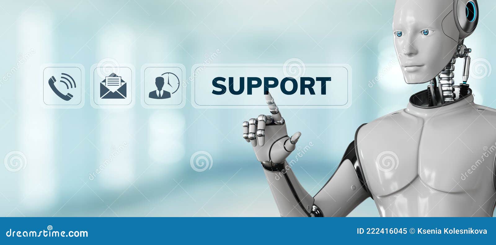 Support Customer Service Automation. Robot Pressing Button on Screen 3d ...