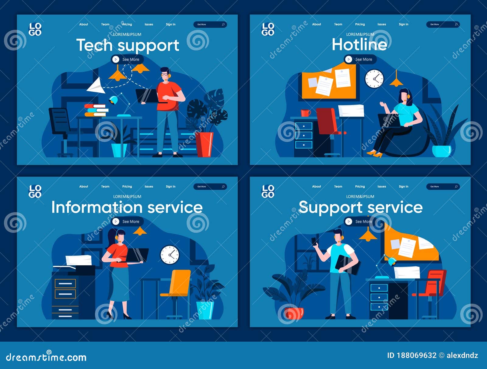It Support Flat Landing Pages Set. Helpline Consultant with Headset ...
