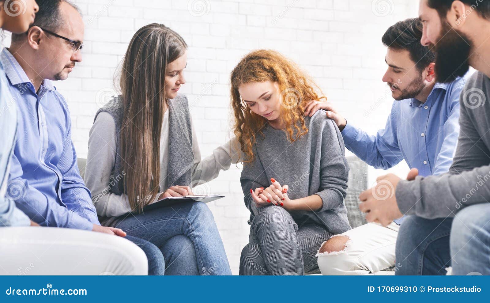 Support Group Members Comforting Depressed Woman at Psychotherapy ... Support Group Members Comforting Depressed Woman at Psychotherapy ...