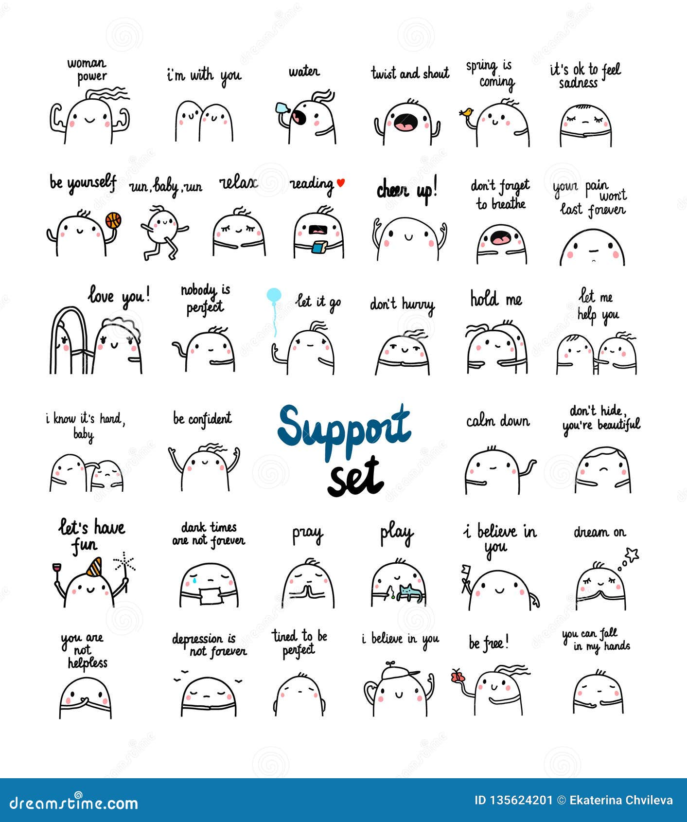 Support and Help Hand Drawn Set of Illustrations with Cute Marshmallow ...