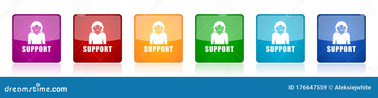 Support Icon Set, Colorful Square Glossy Vector Illustrations in 6 ...