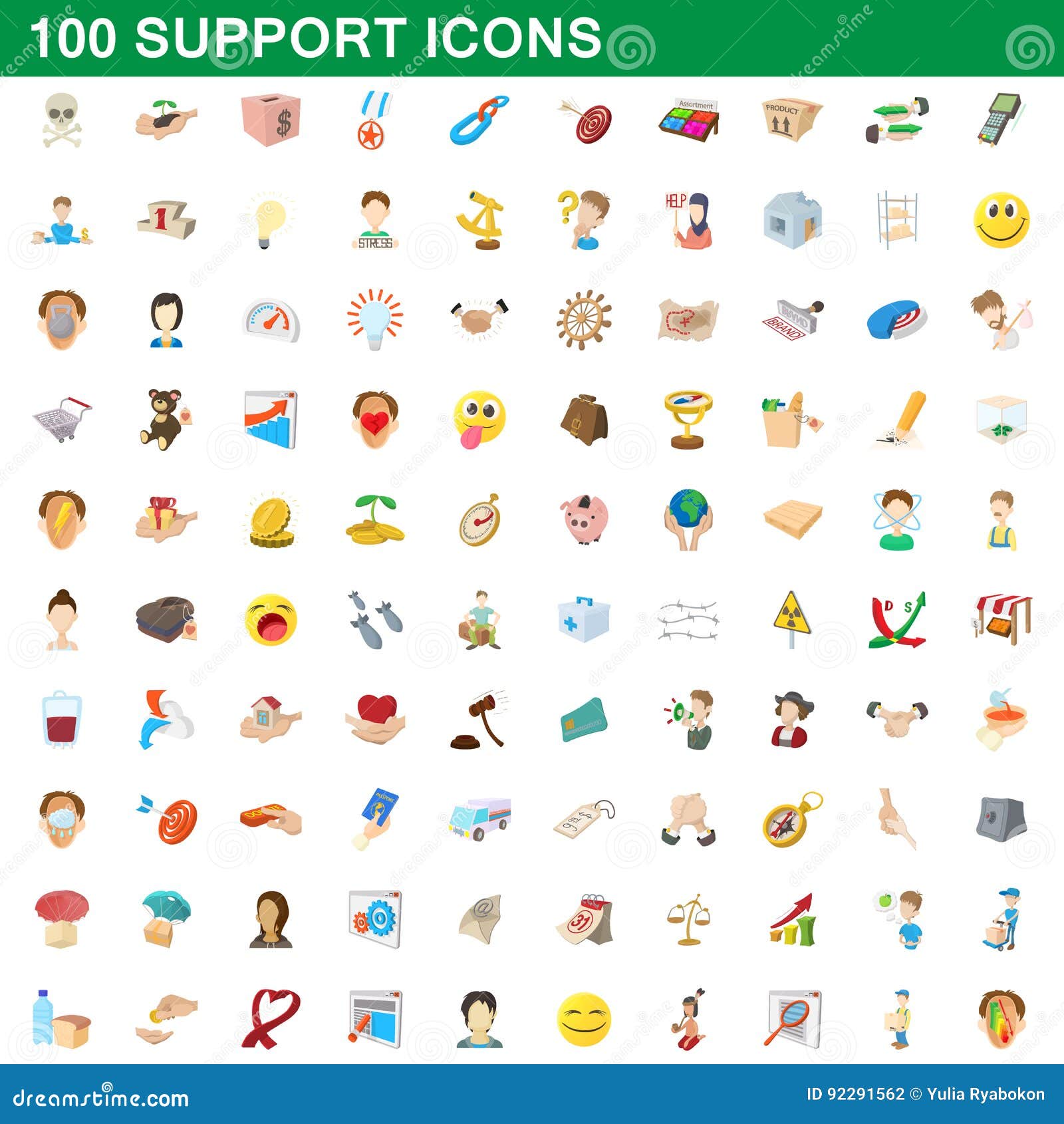 100 Support Icons Set, Cartoon Style Stock Vector - Illustration of ...