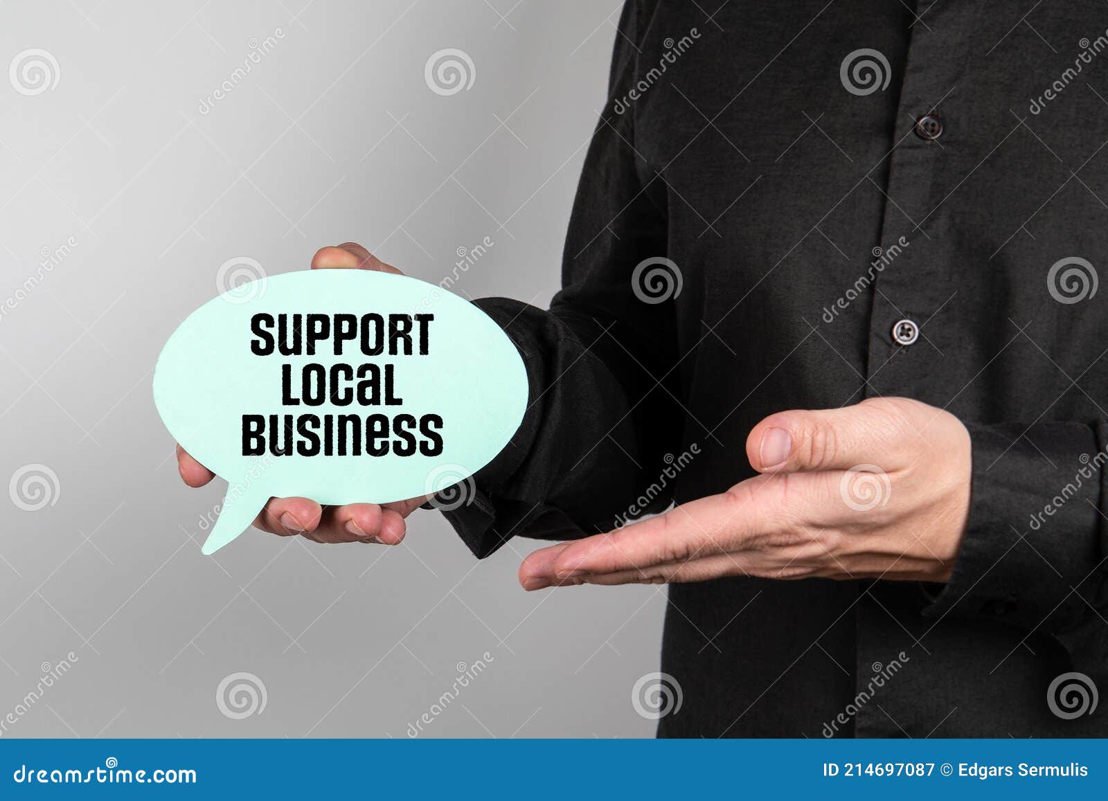 Support Local Business. Business Man with Speech Bubble in Hand Stock ...