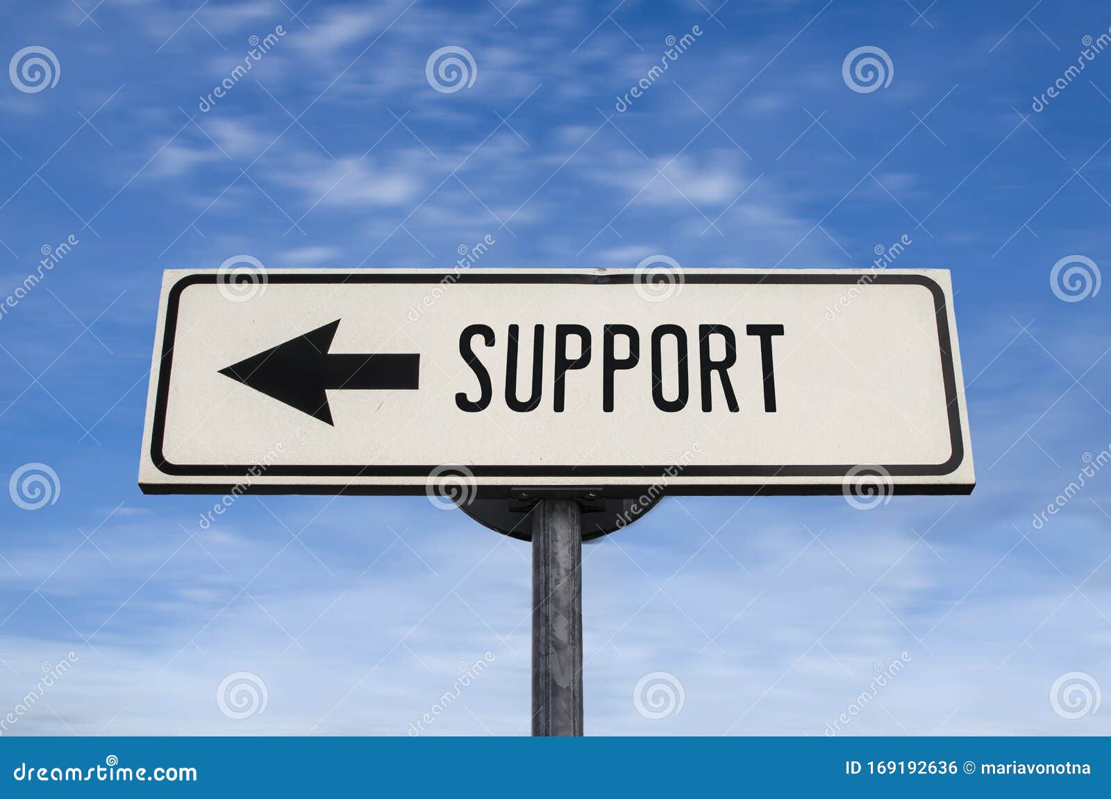 Support White Road Sign with Arrow, Arrow on Blue Sky Background Stock ...