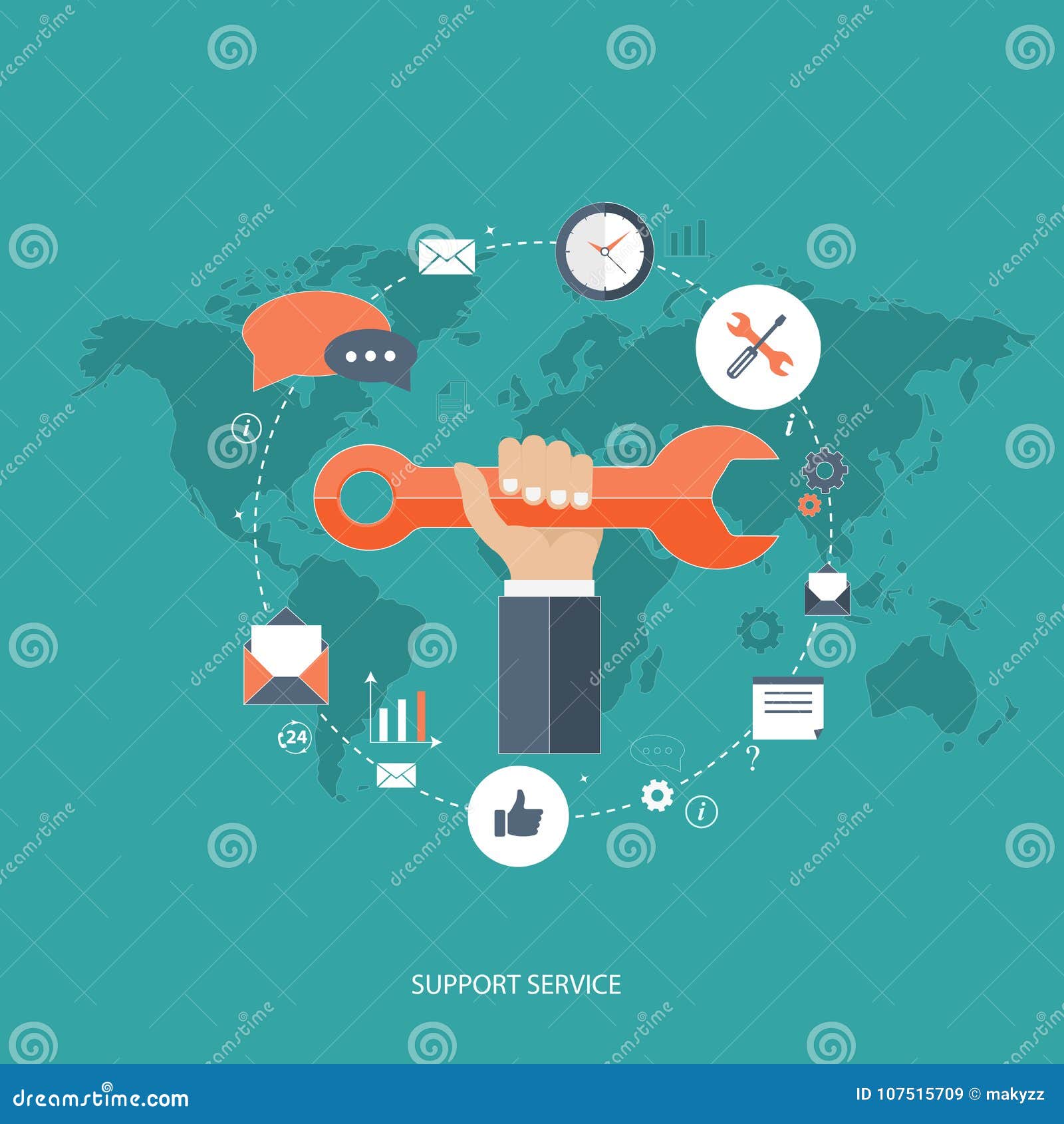 Support Service Concept. Flat Design Illustration with Icons. Technical ...