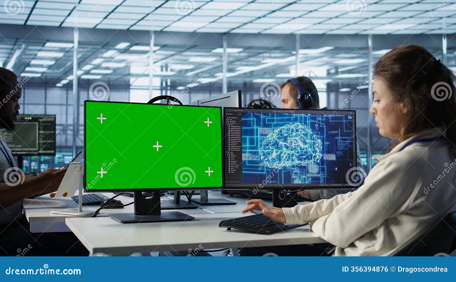 It Support Workers in AI Data Center Coding on Green Screen Computers Stock Photo - Image of ...