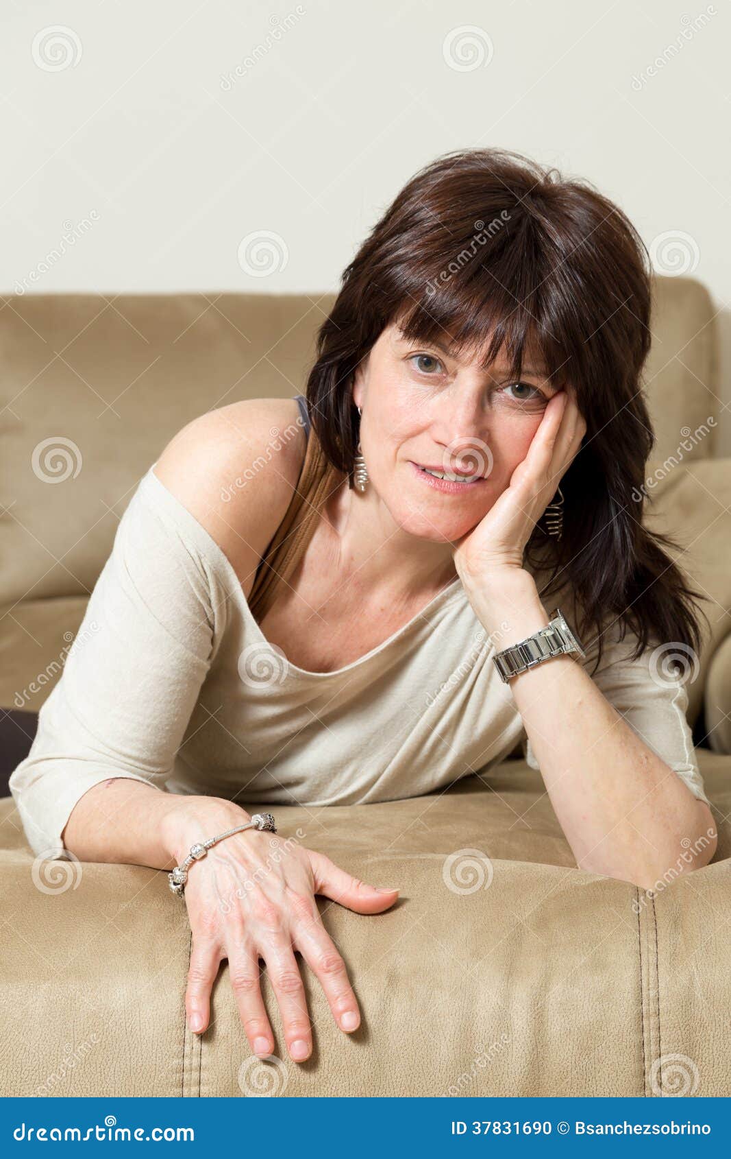 Supporting Woman Looking Her Face in Hand Stock Photo - Image of female ...