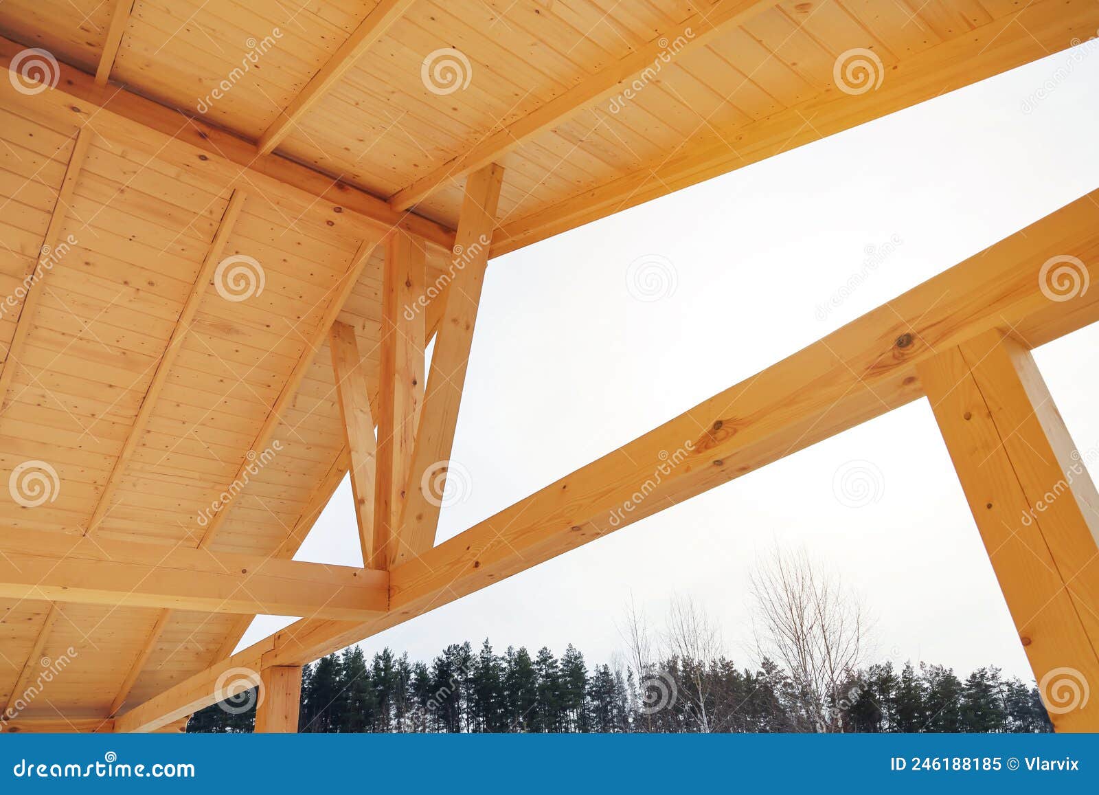 Supporting Wooden Structure For Roof Rafters, Repeating Beams On Background Of Blue Sky Stock ...