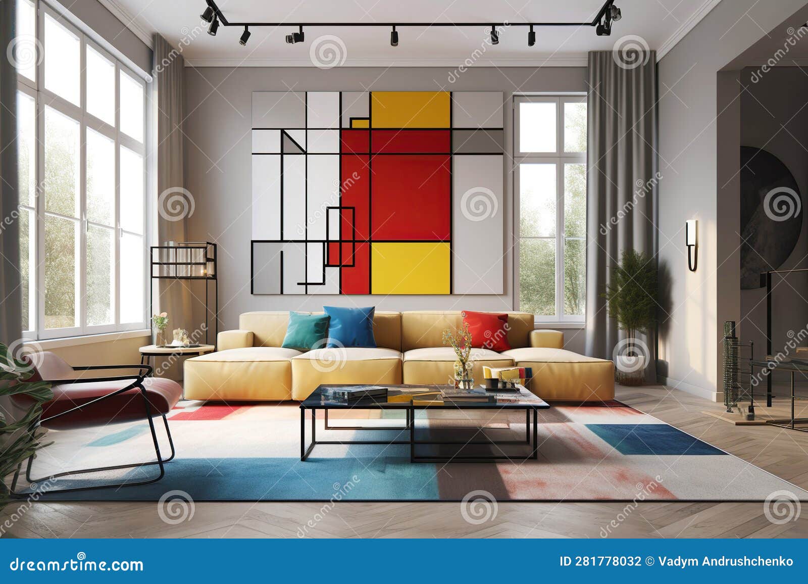 Suprematism Style Interior Design Of Modern Living Room With Armchair ...