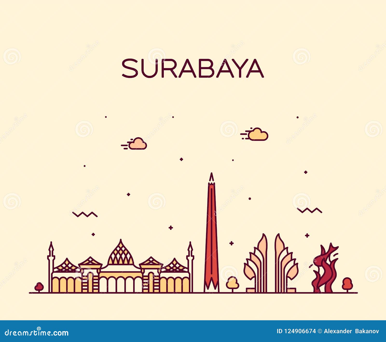 Surabaya Skyline East Java Indonesia Vector Linear Stock Vector ...